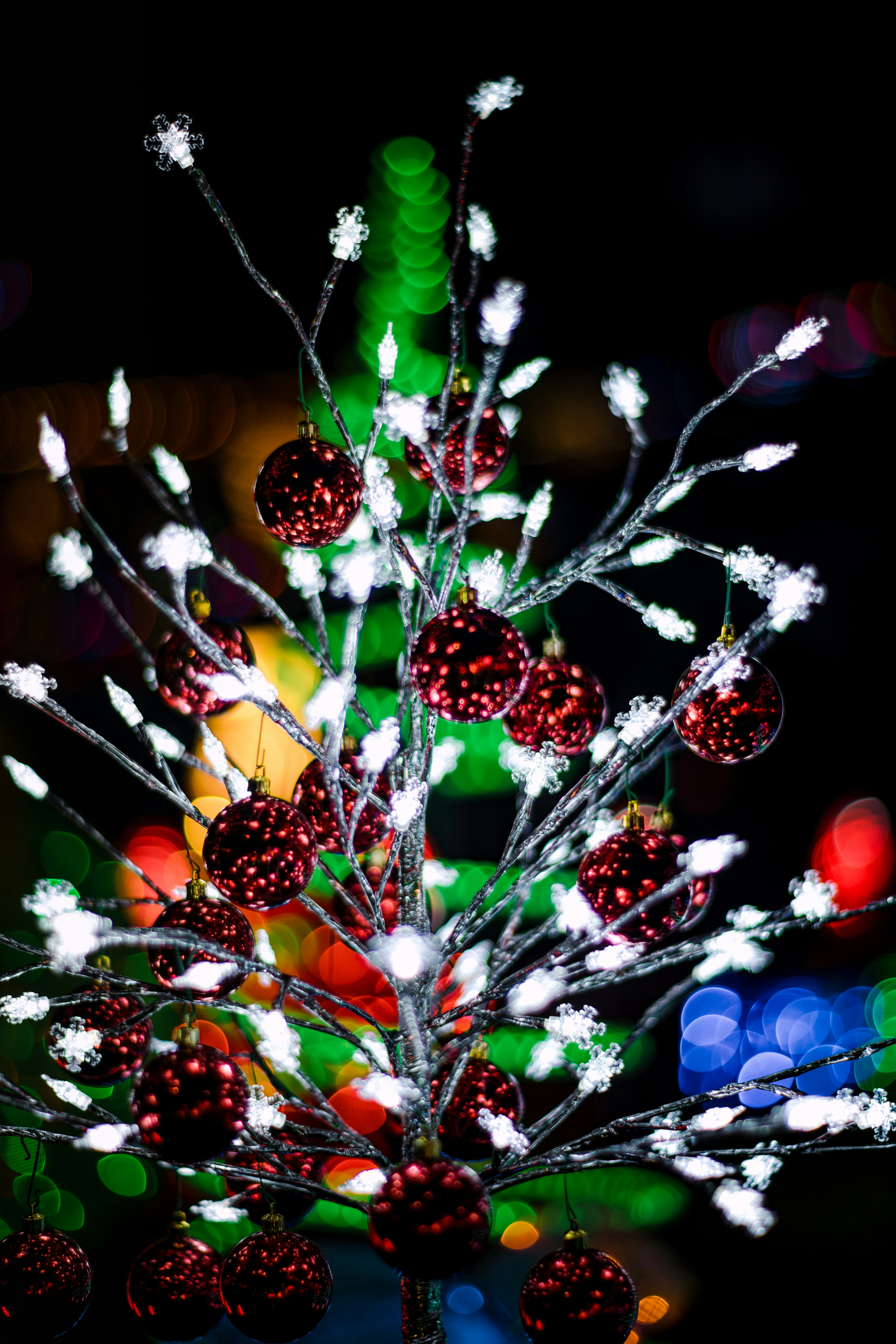a lit up christmas tree in the dark