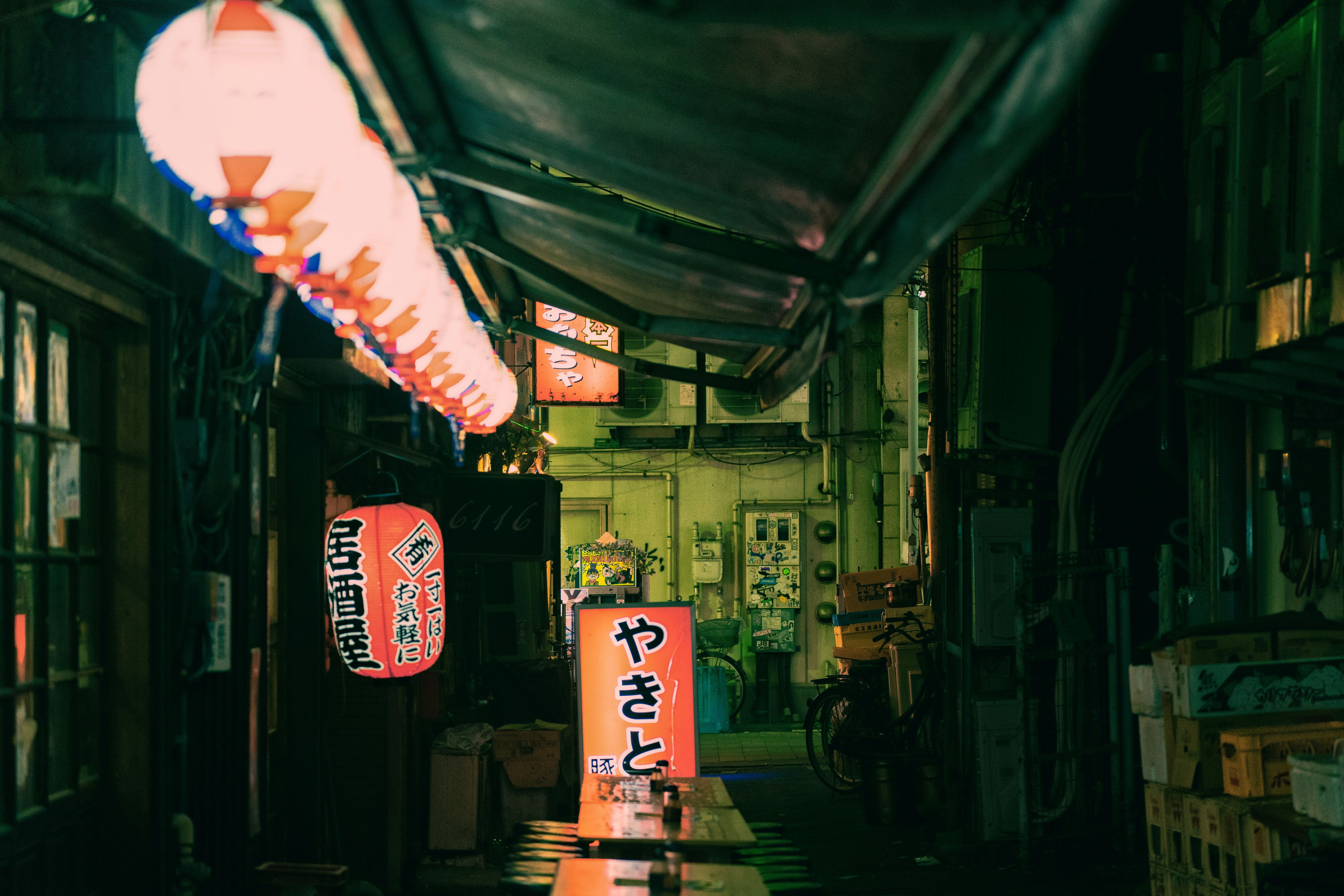 A narrow alley way with signs and lanterns hanging from the ceiling ...