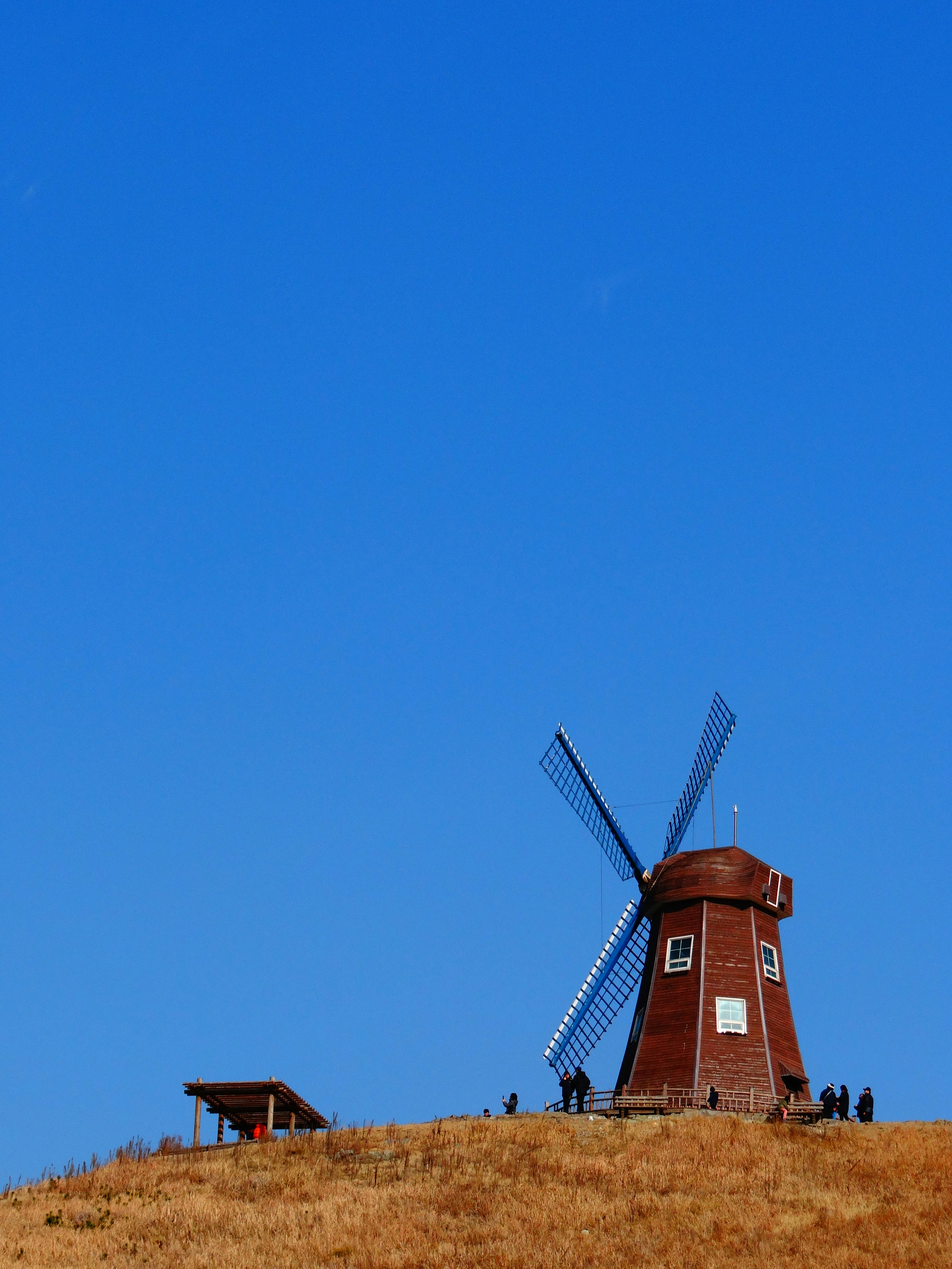 A red windmill stands atop a dry grassy hill against a vivid blue sky. A small shelter and several visitors nearby provide scale.