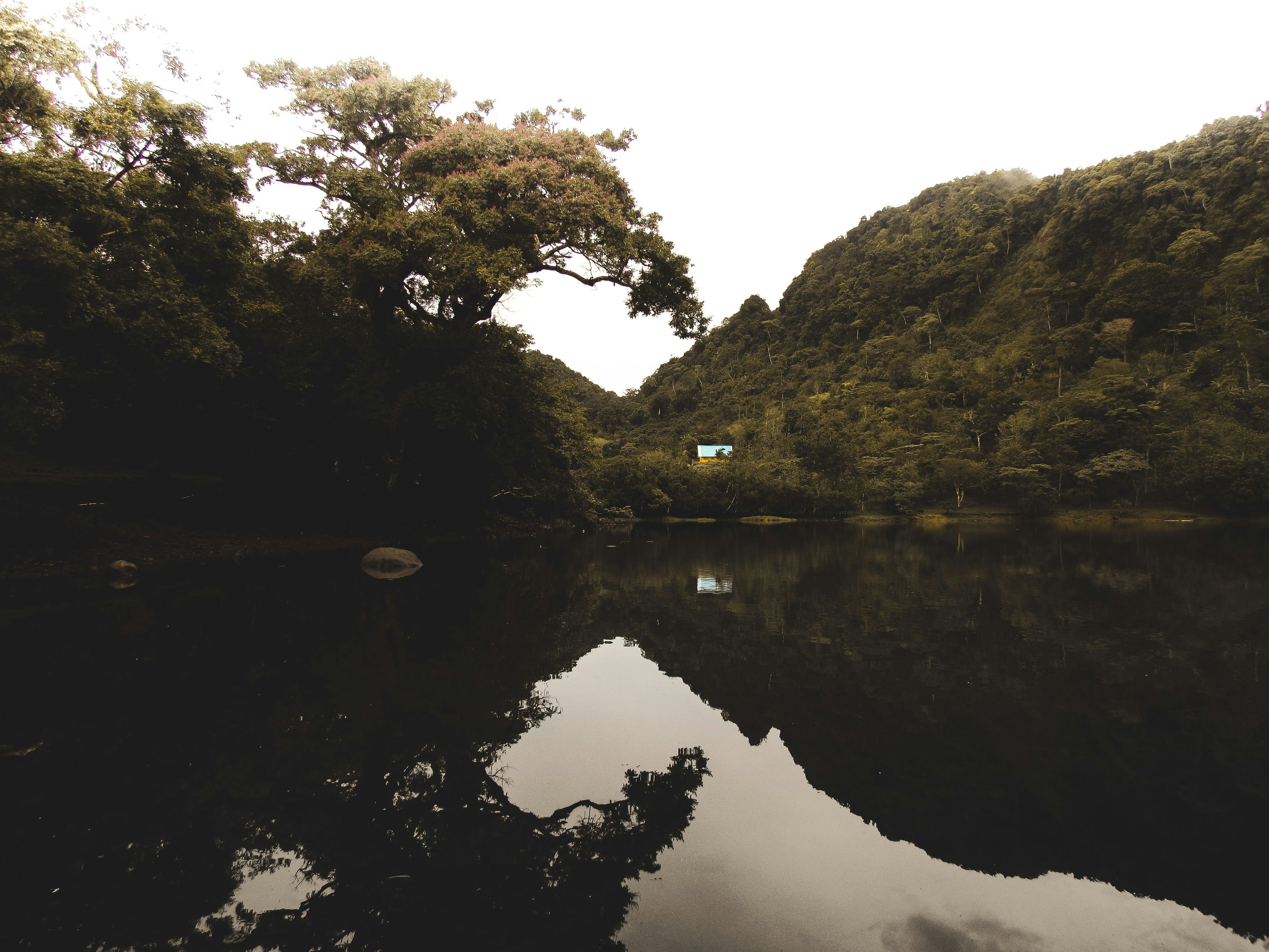 Serene lake reflecting lush green hills under a bright sky.