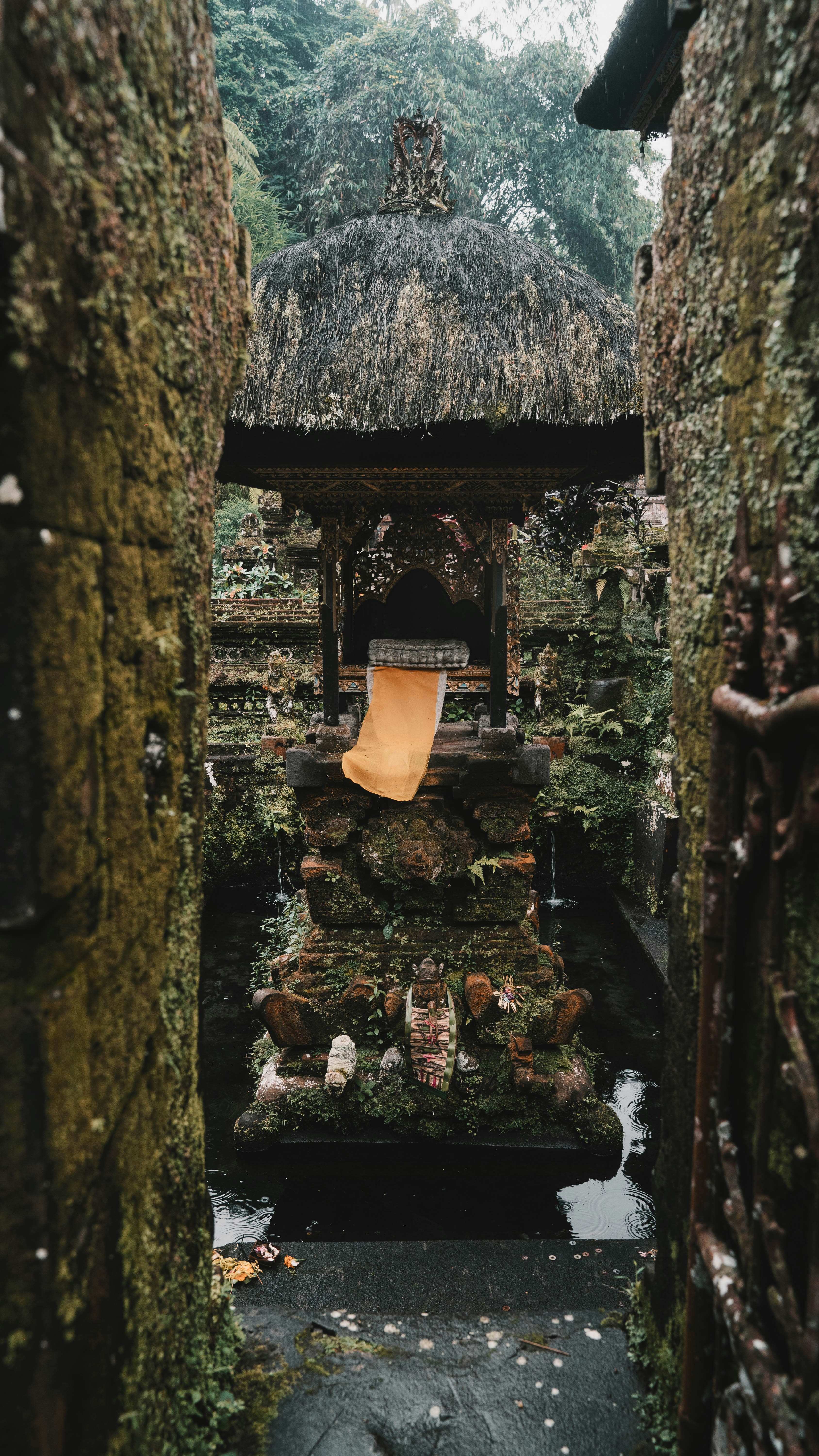 Moss-Cloaked Shrine Between Verdant Pillars, with a Golden Cloth