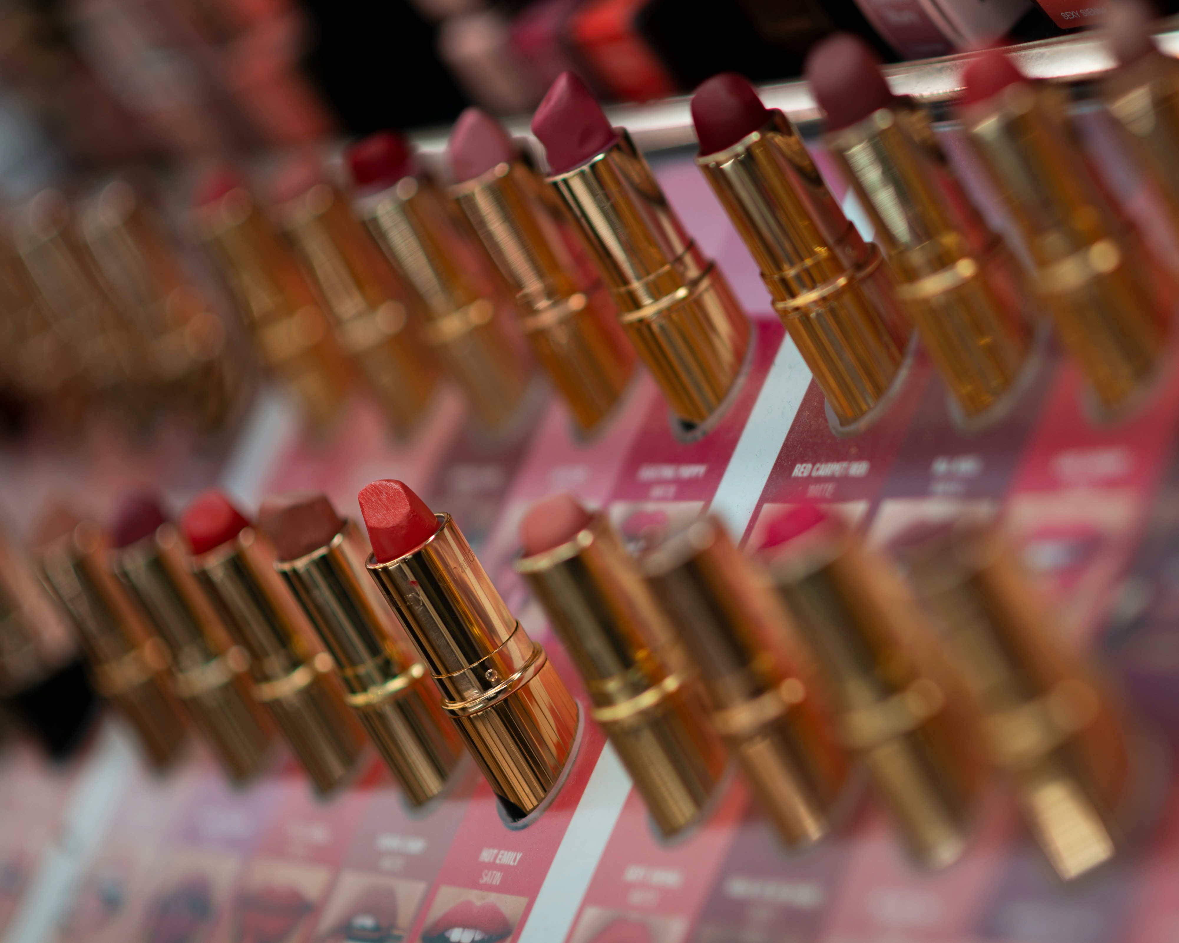 Many lipsticks are lined up on a shelf photo – Free Lipstick Image on ...