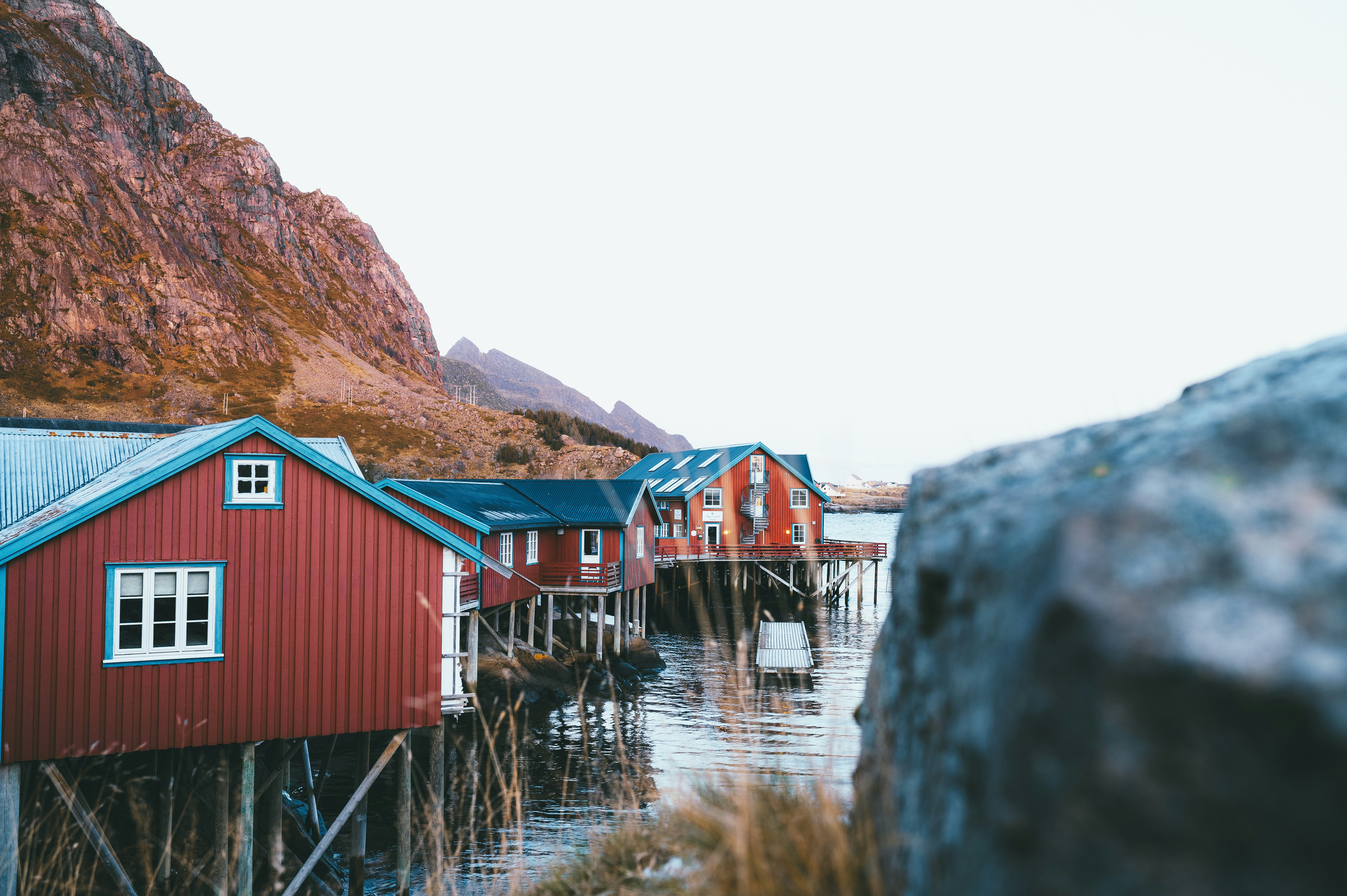 A row of red houses next to a body of water photo – Free Norway Image ...