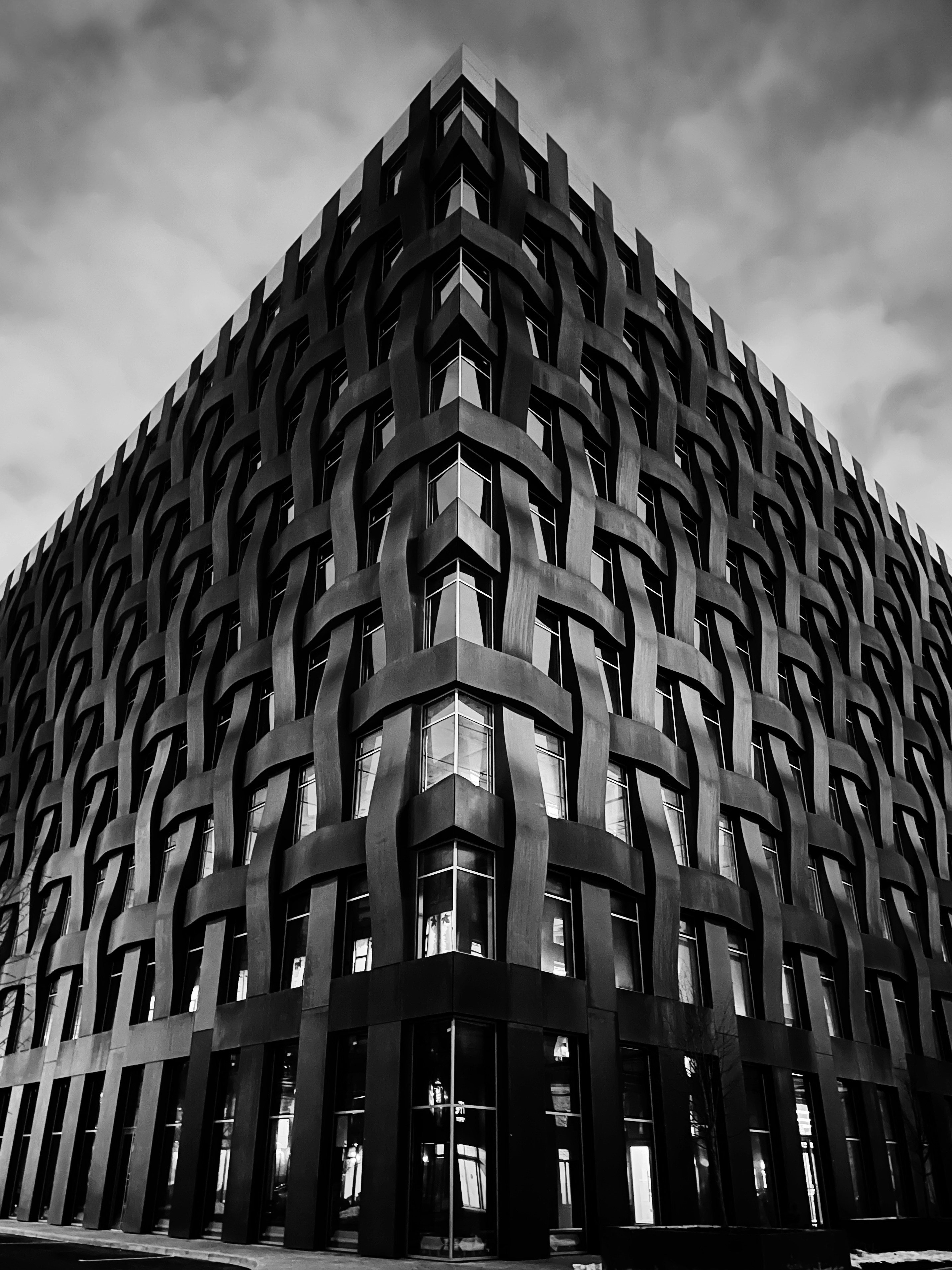 Lattice Crown: Cornered Facade Rising in Monochrome Rhythm