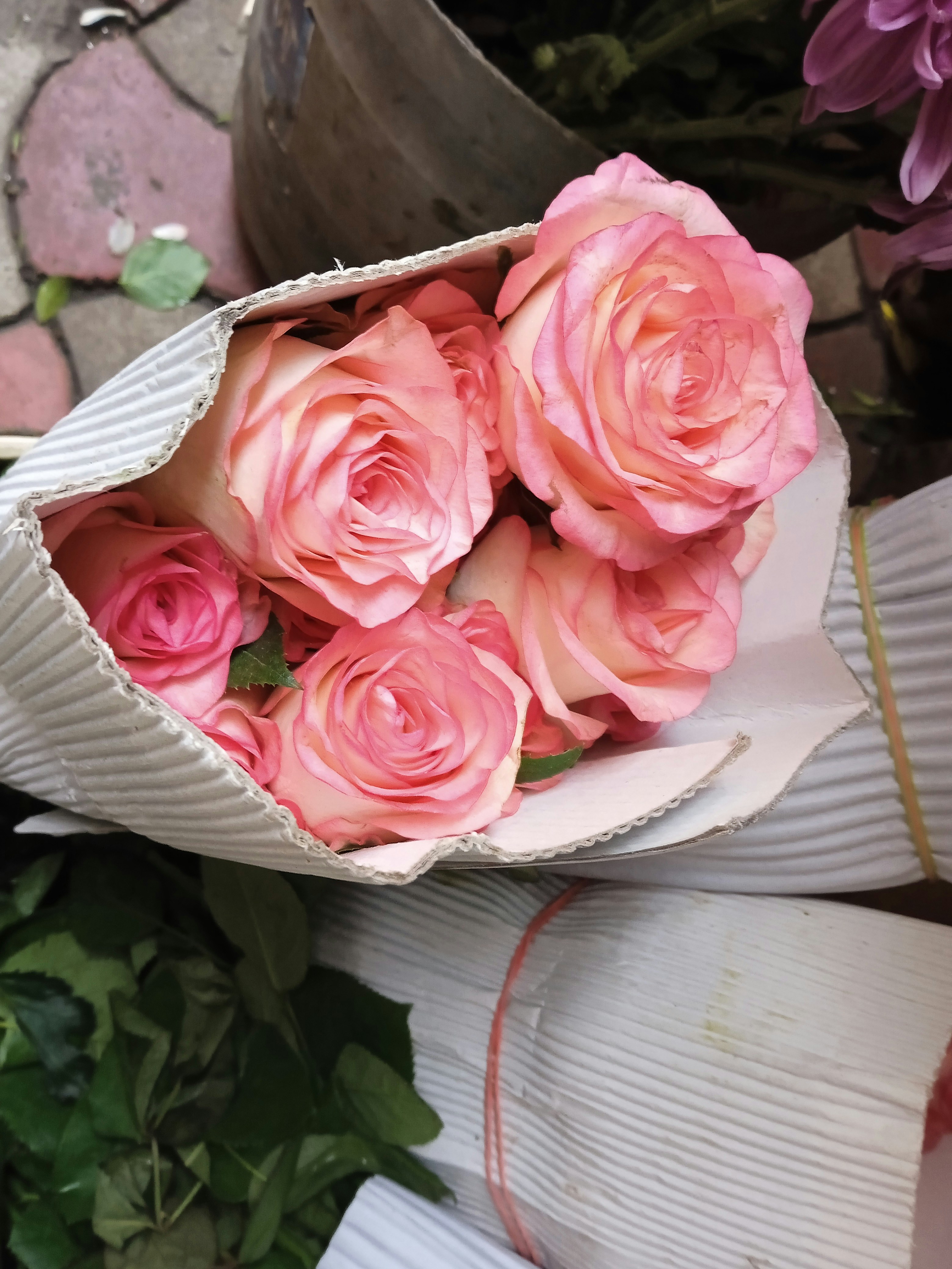 A bouquet of pink roses in a paper bag photo – Free Bouquet of roses ...