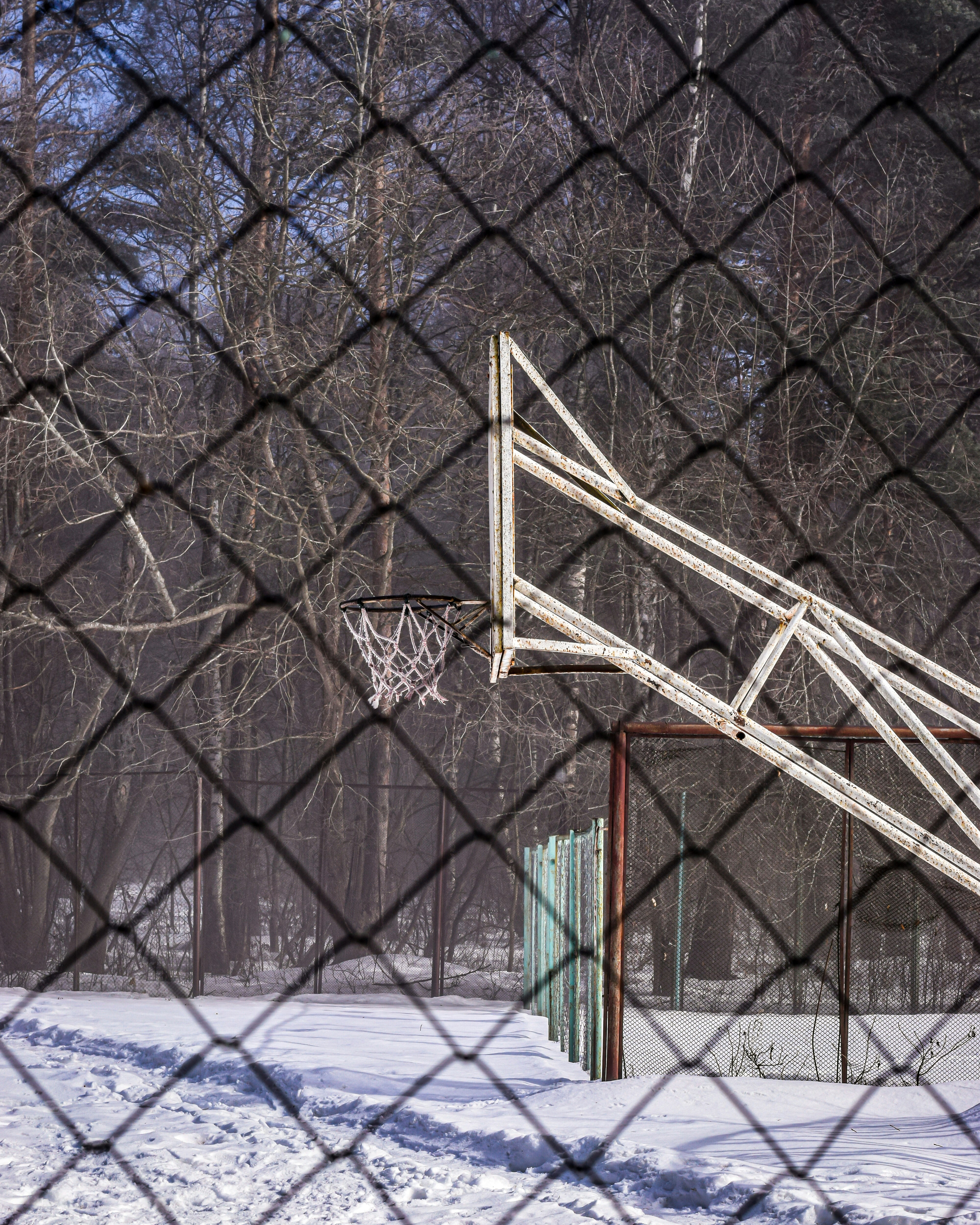 a basketball hoop in the middle of a snowy field
