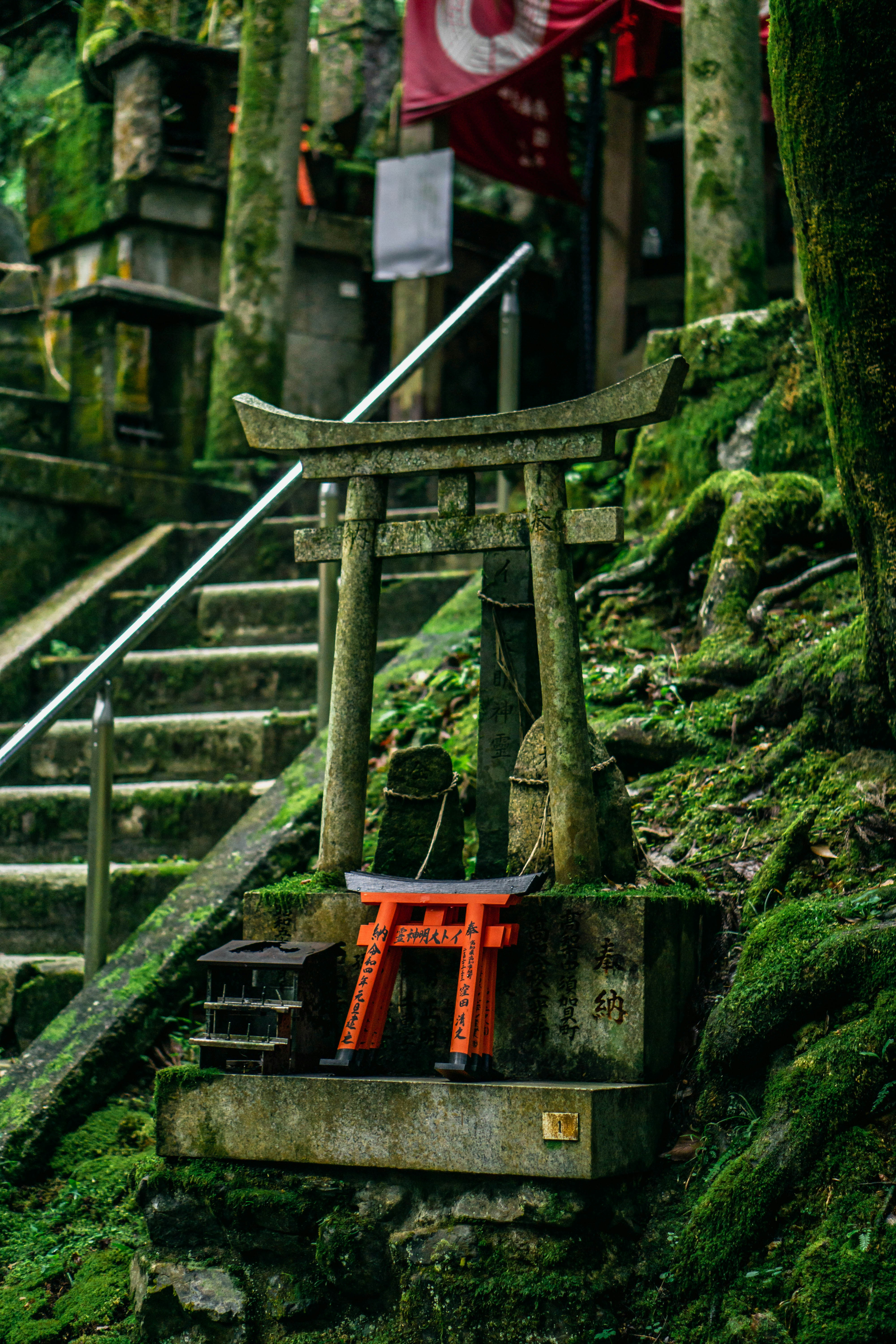  moss-draped torii and stone shrine at a forest stairway