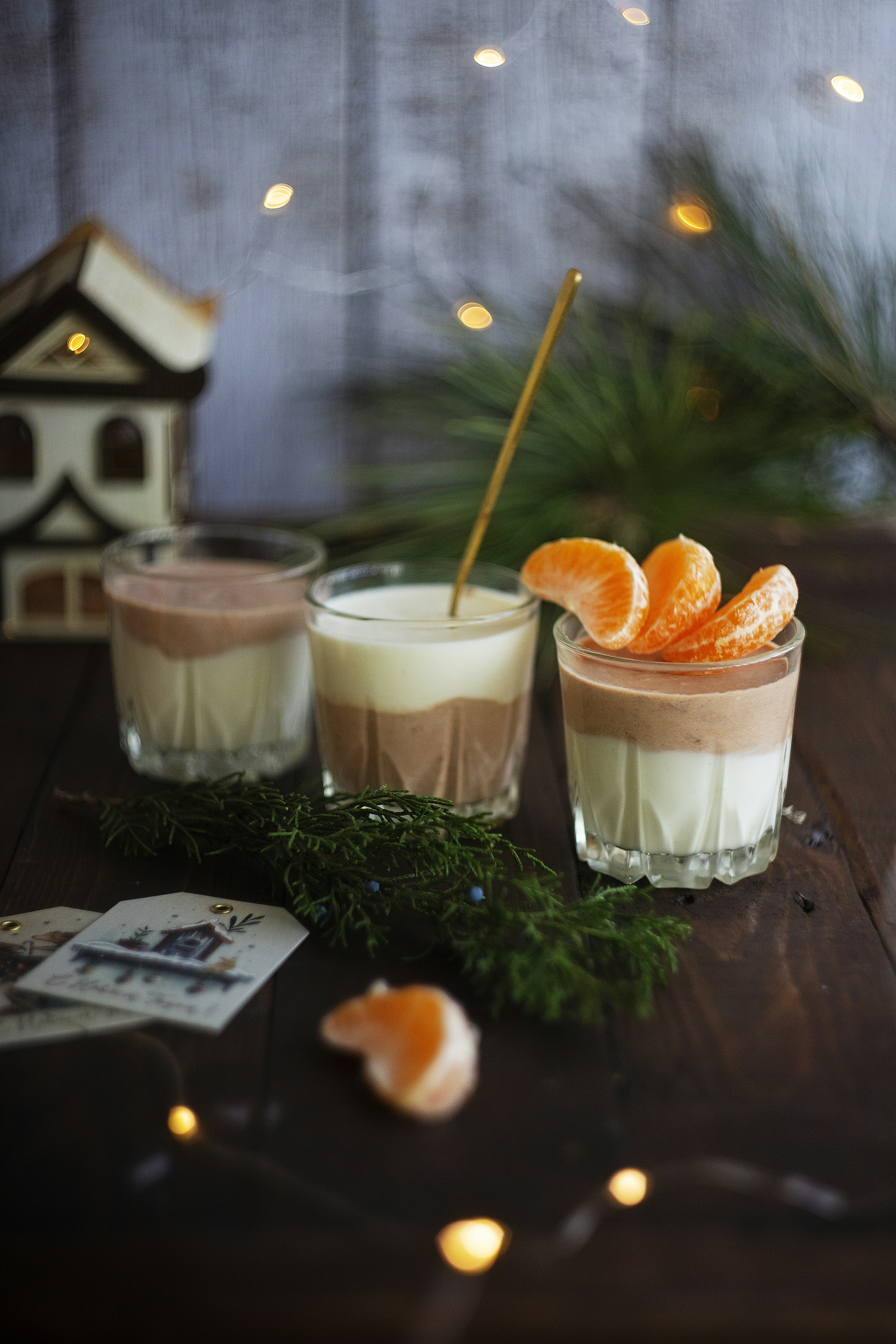 Three Velvet Chocolates: Cocoa Topped Glasses with Mandarin Garnish