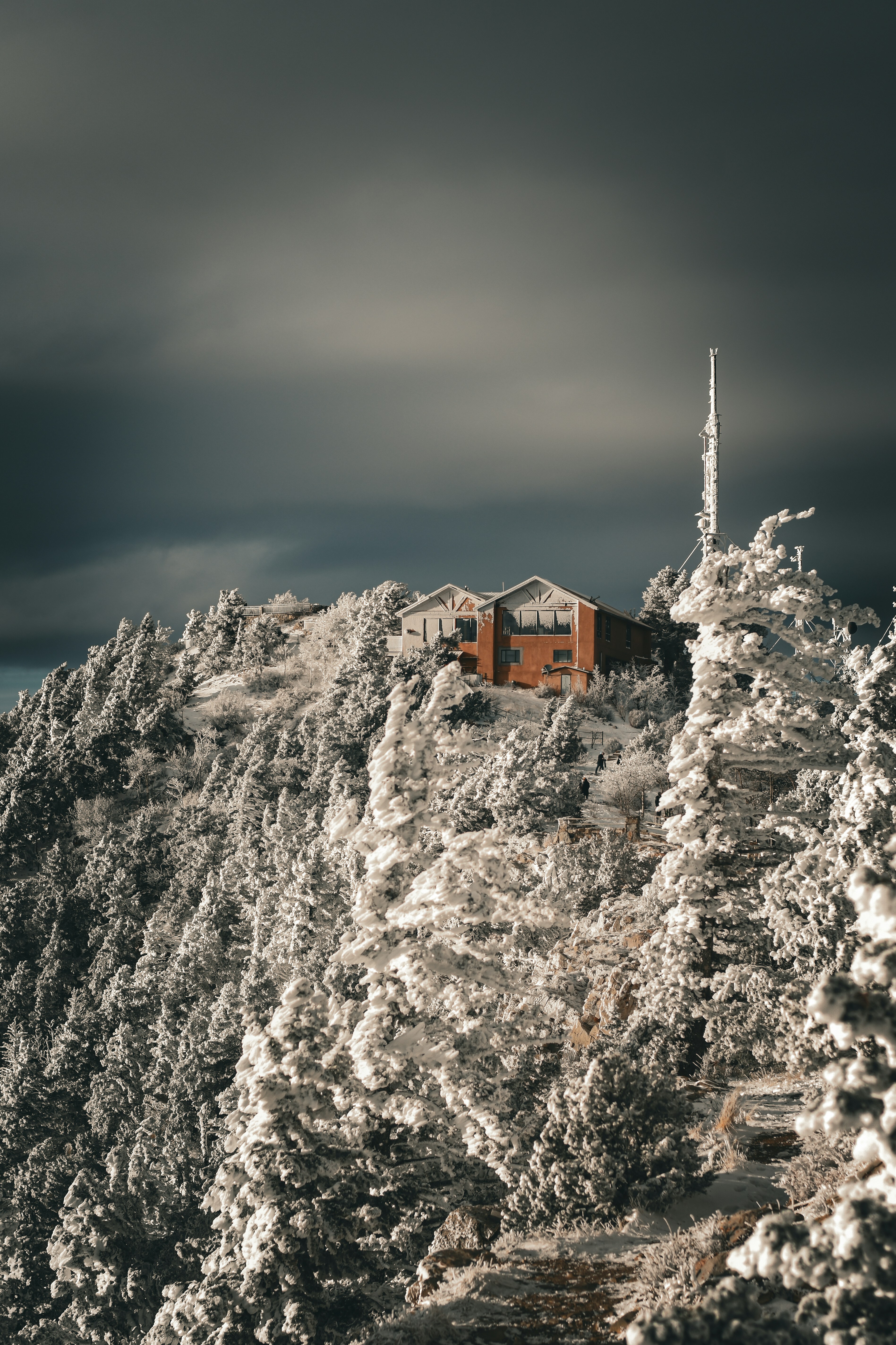 Snowbound Summit Haven: A Red Brick Lodge Surrounded by Frosted Pines