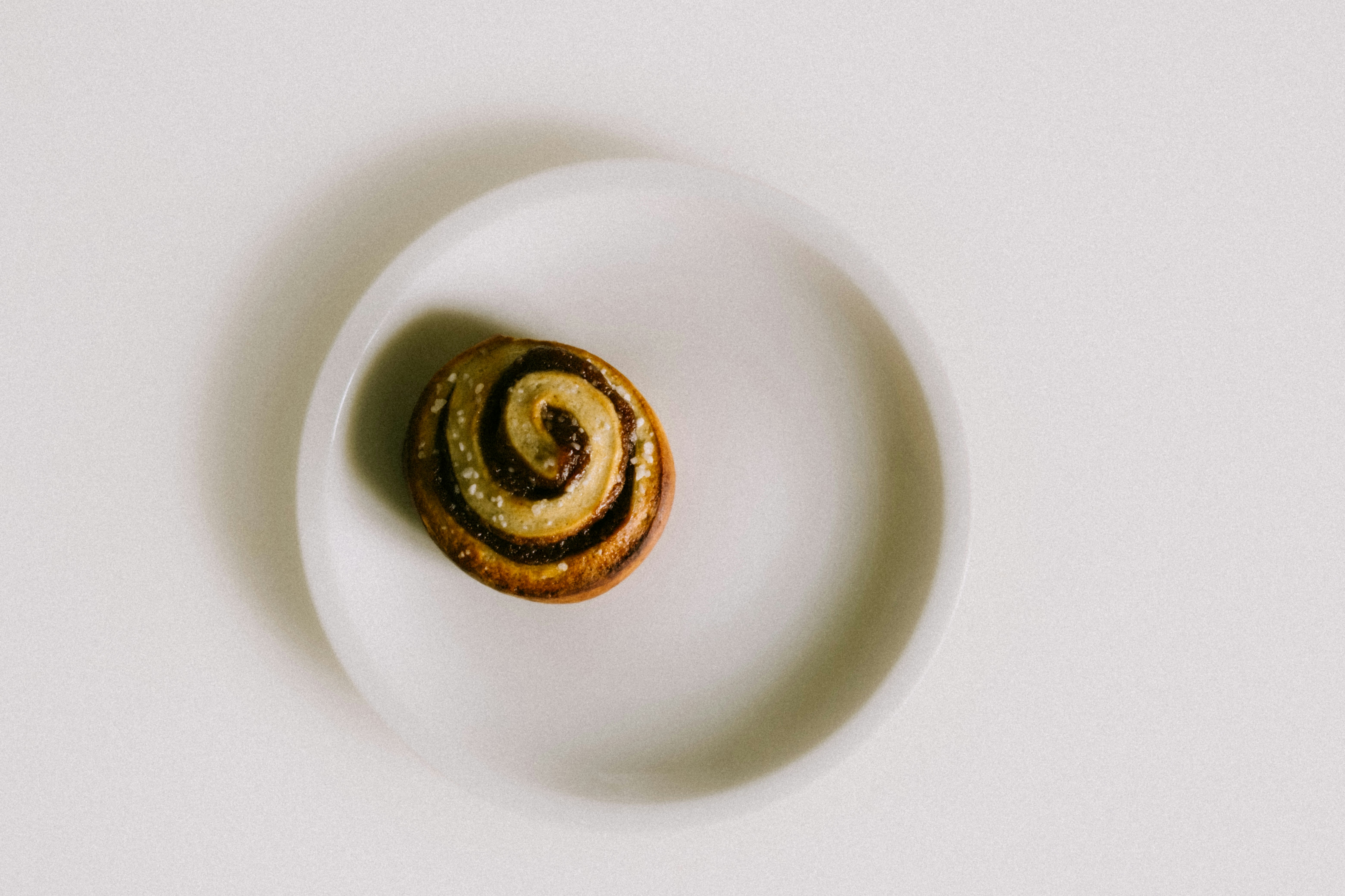 Minimalist Cinnamon Spiral on a White Plate Under Studio Light