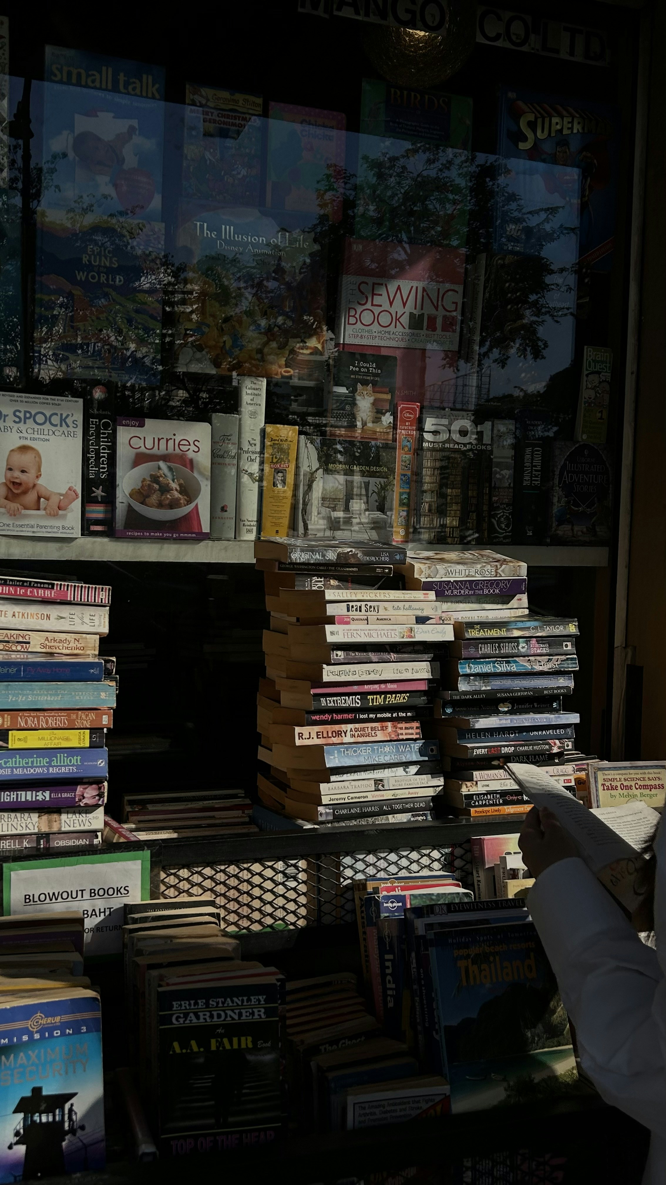Window display stacked with books in front of a storefront, with posters reflected in the glass. A hand holding a page is visible on the right.