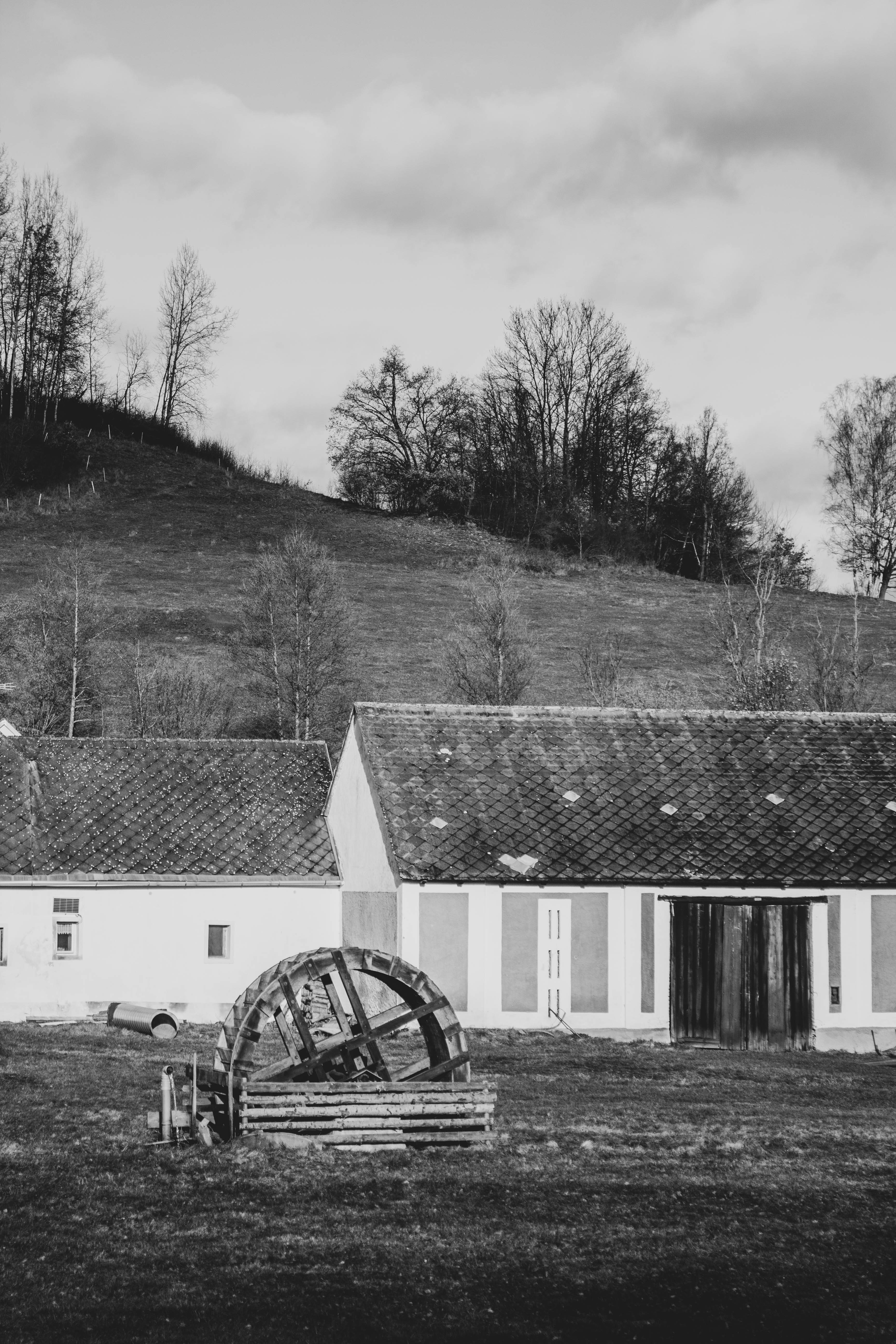 The Wheel Before the Hill: A Quiet Farm in Monochrome