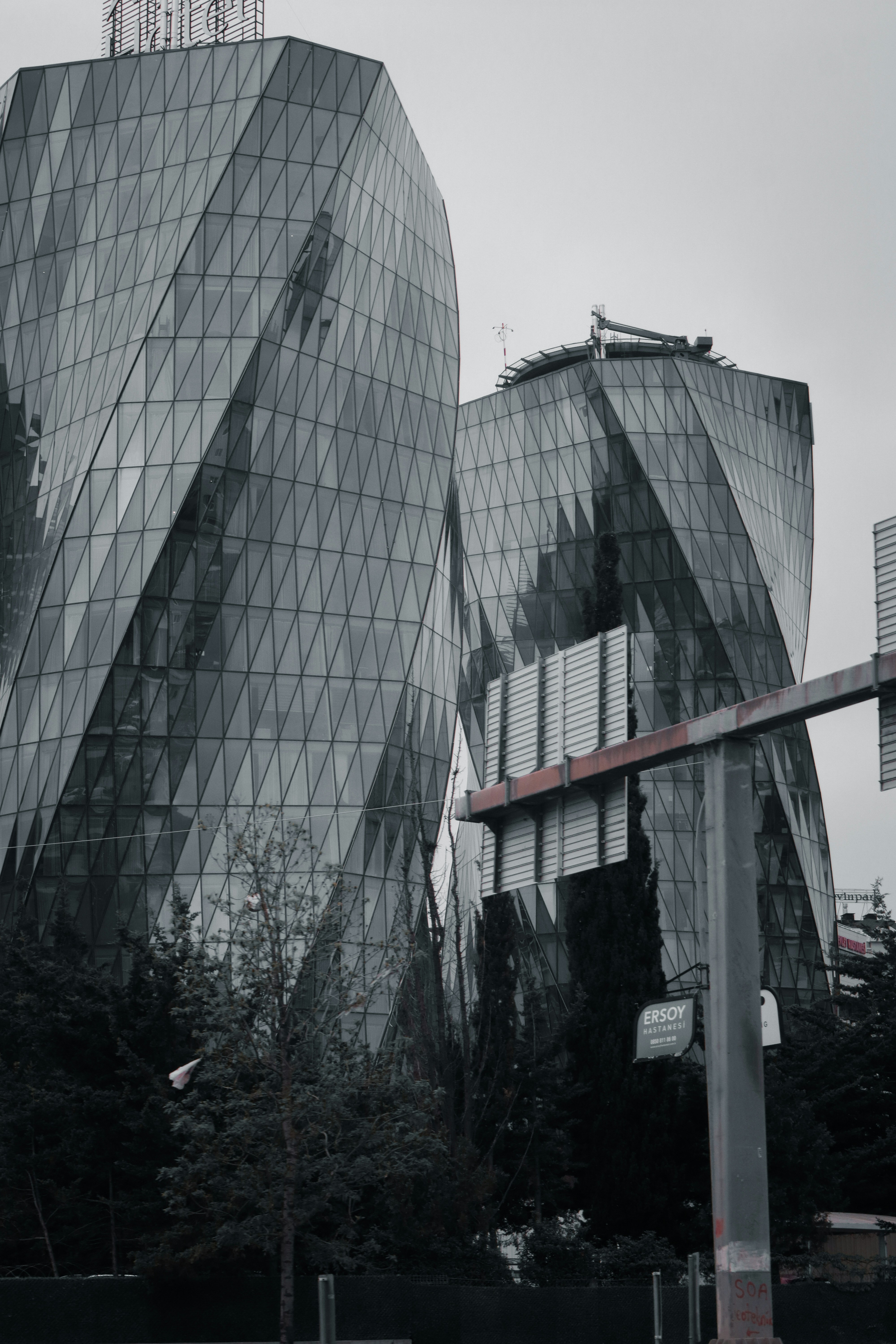 Monochrome Facets: Tilted Towers of Glass in a Quiet City