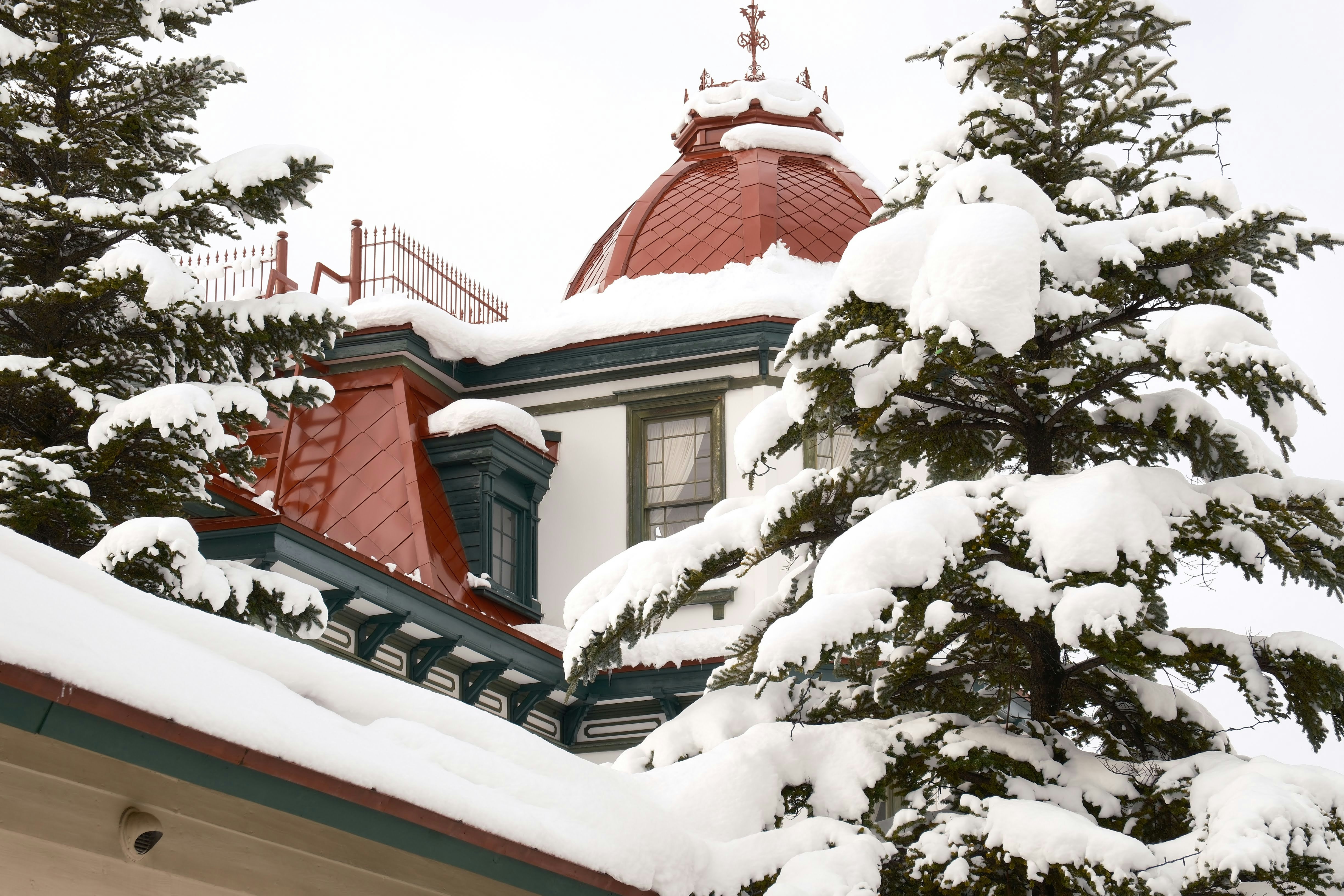 Historic building with a distinctive red dome, surrounded by snow-laden evergreen trees. The winter scene showcases the intricate architecture against a serene backdrop.