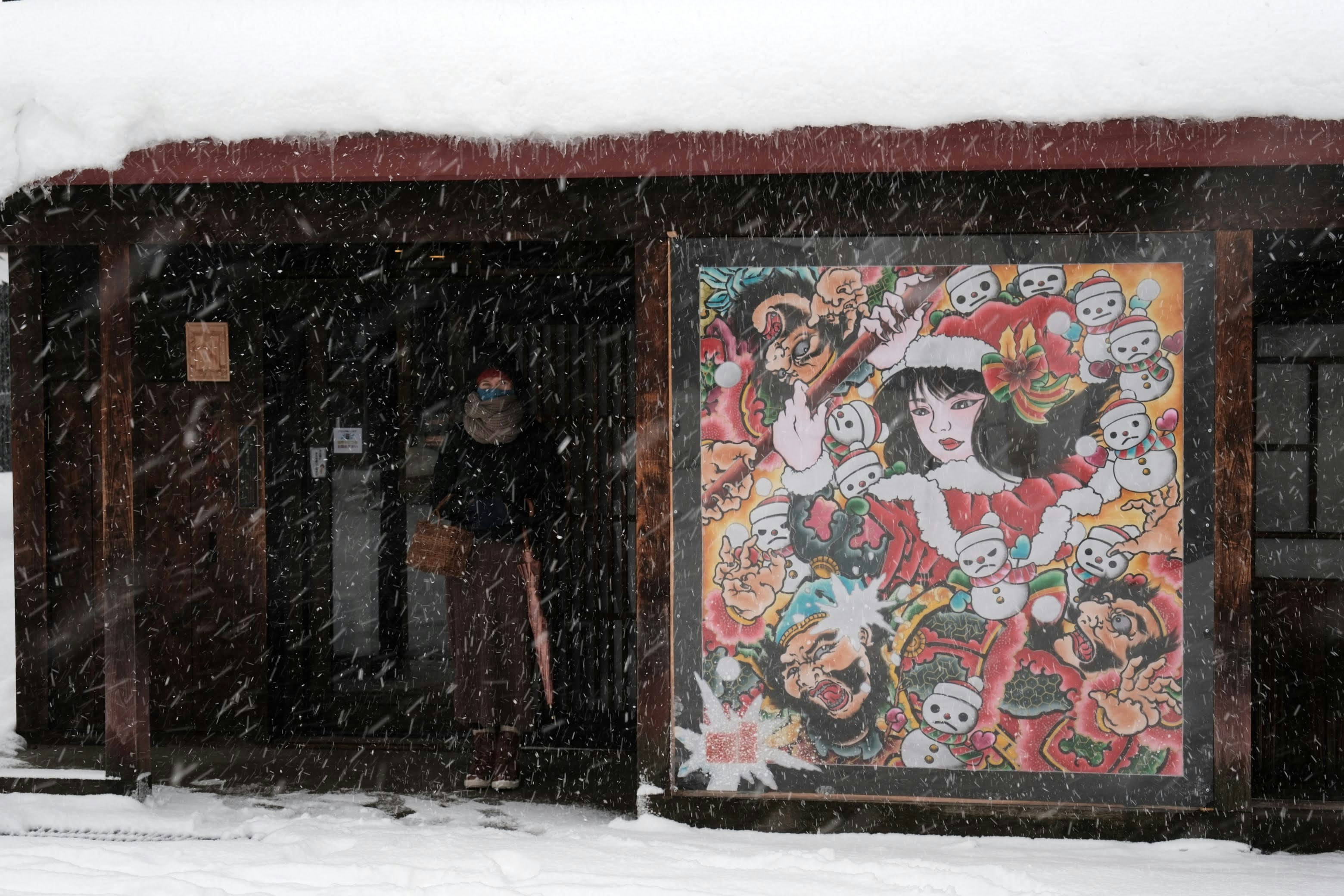 Whimsical Parade in Snow: A Vivid Framed Artwork by the Doorway