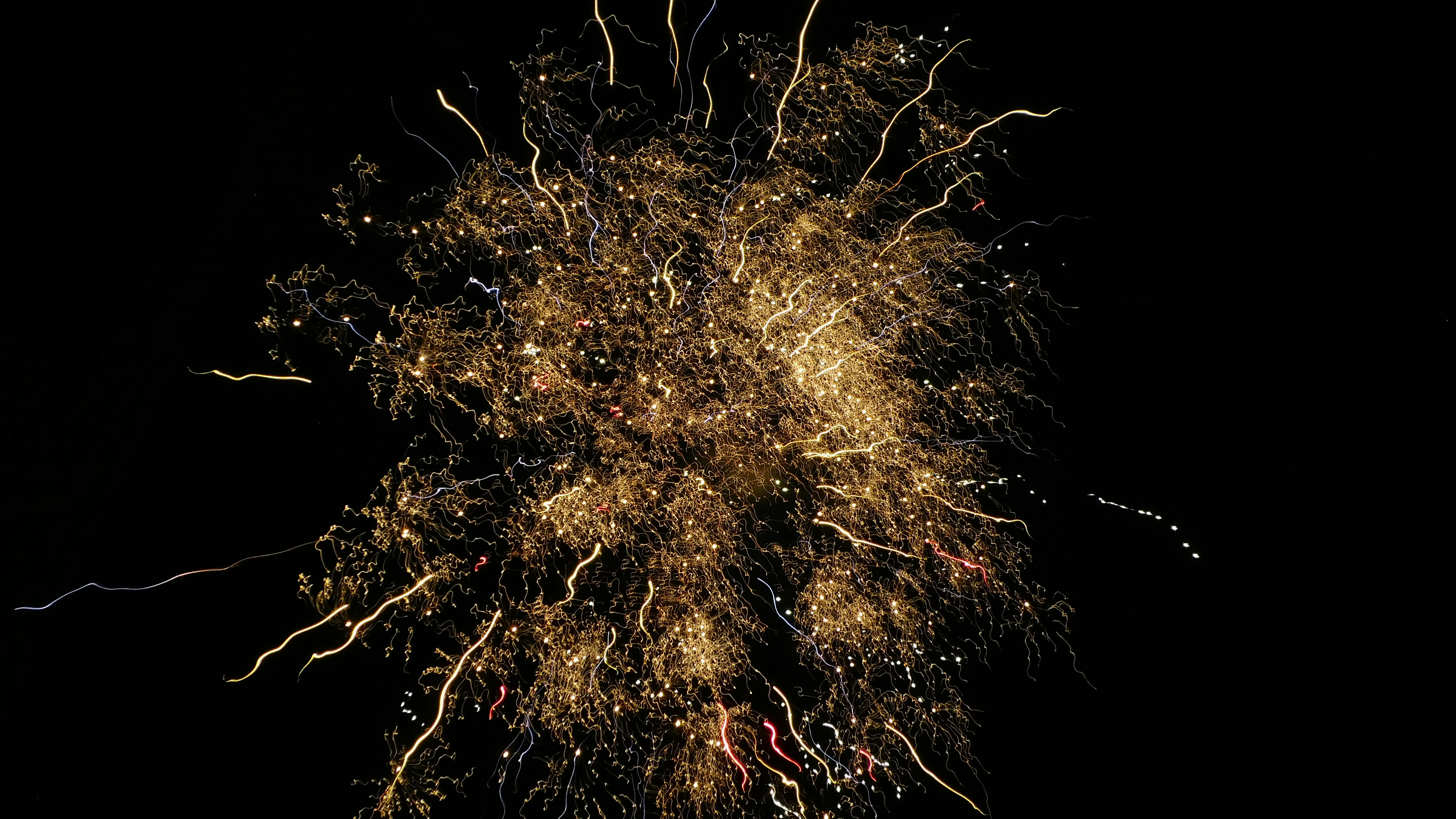 Golden firework explodes against a black sky, its luminous tendrils radiating from a bright core.