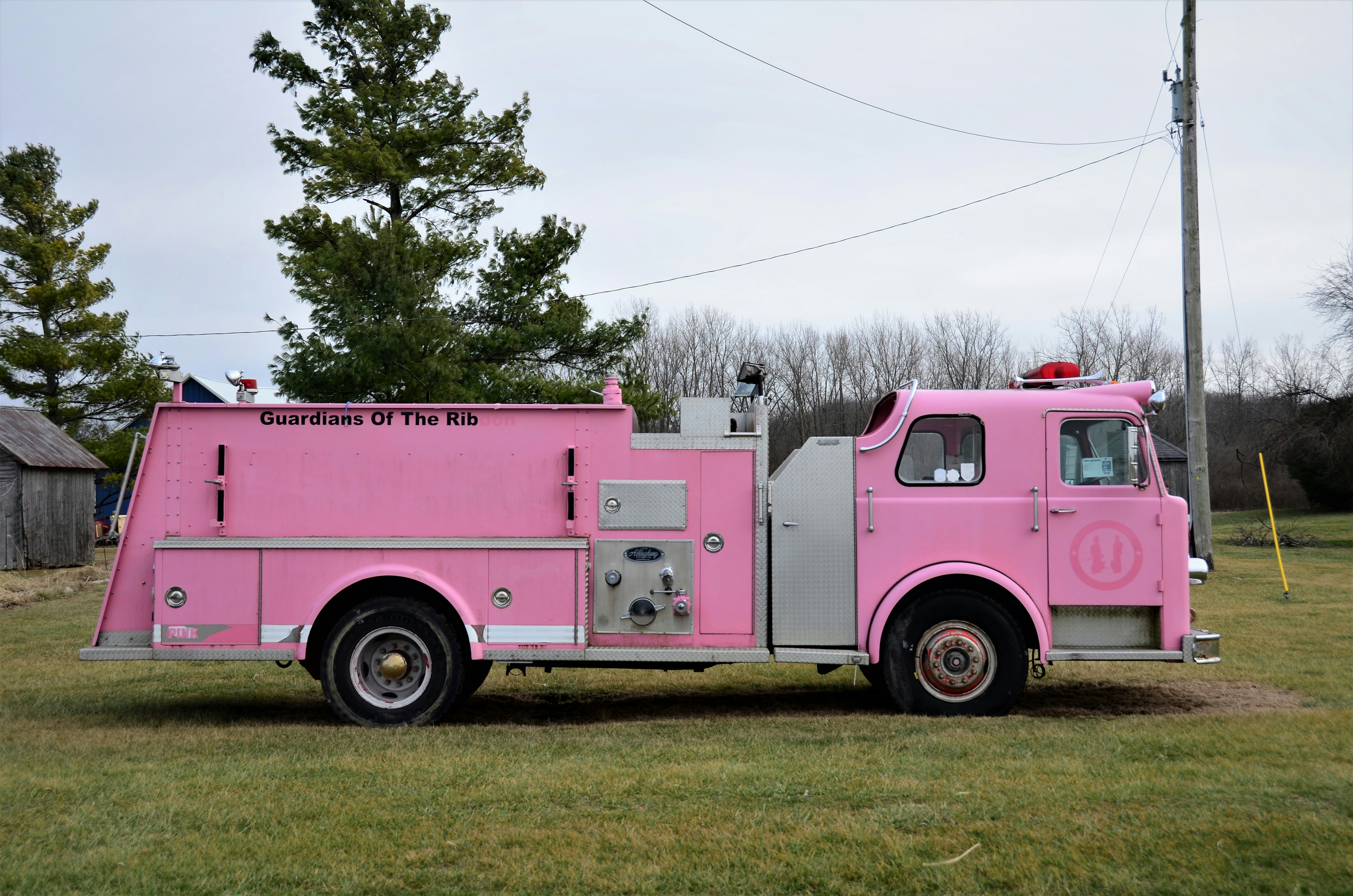 Rosy Siren on the Prairie: A Pink Fire Truck Anchors a Quiet Farm Scene