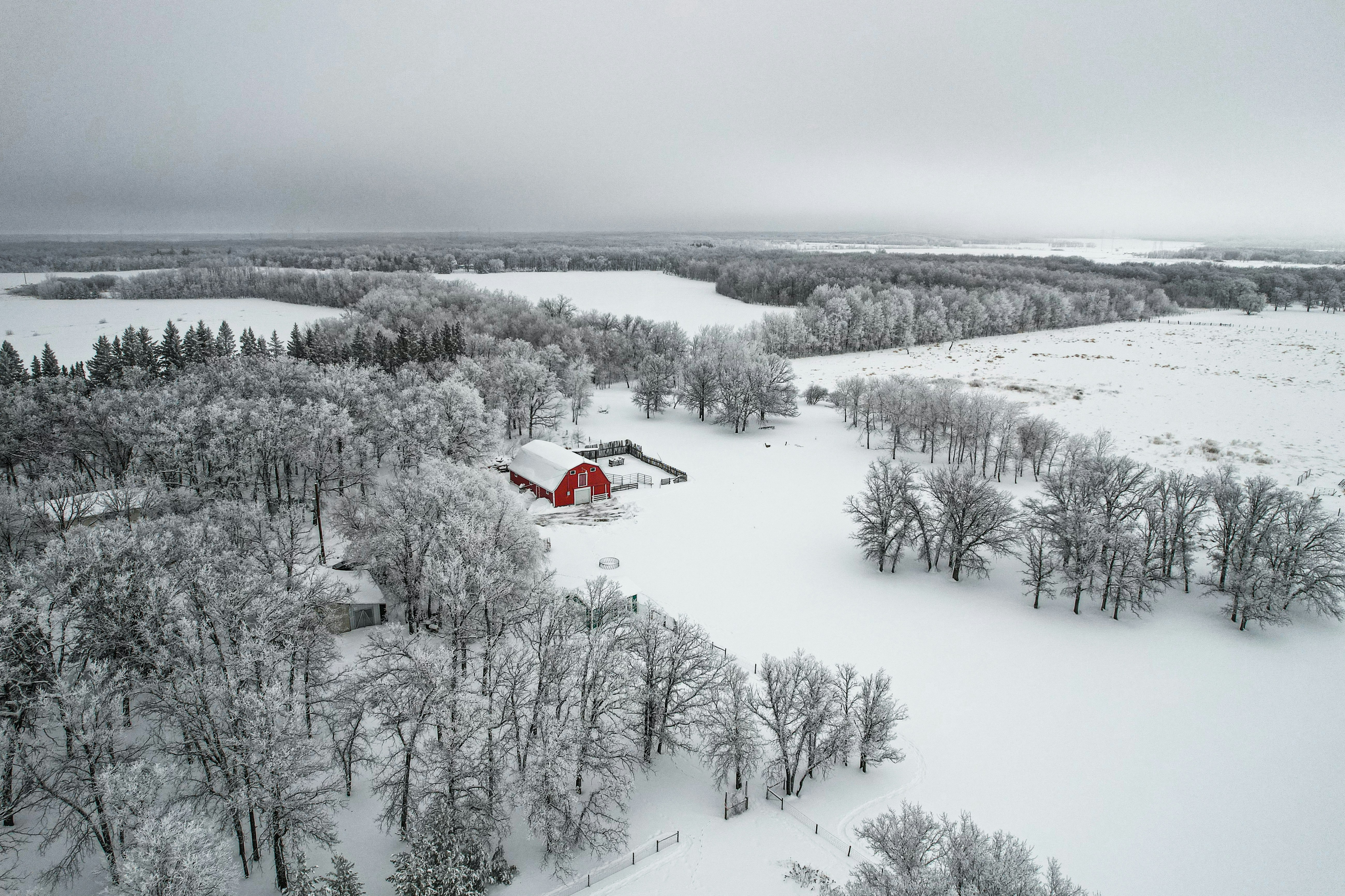 Crimson Barn in a Snowbound Expanse