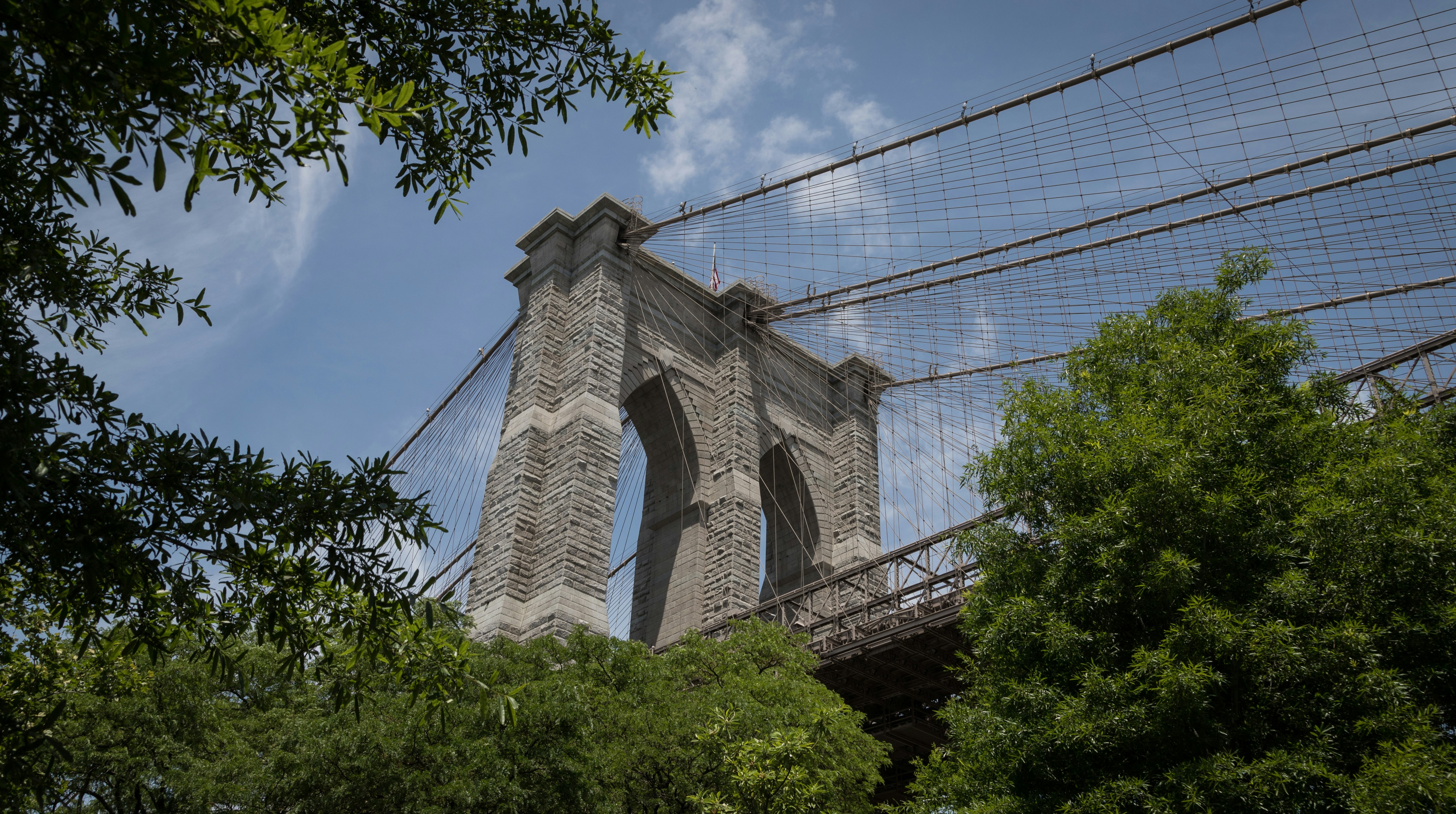 Arched Sentinel: Bridge Tower Cutting Through Green Canopy
