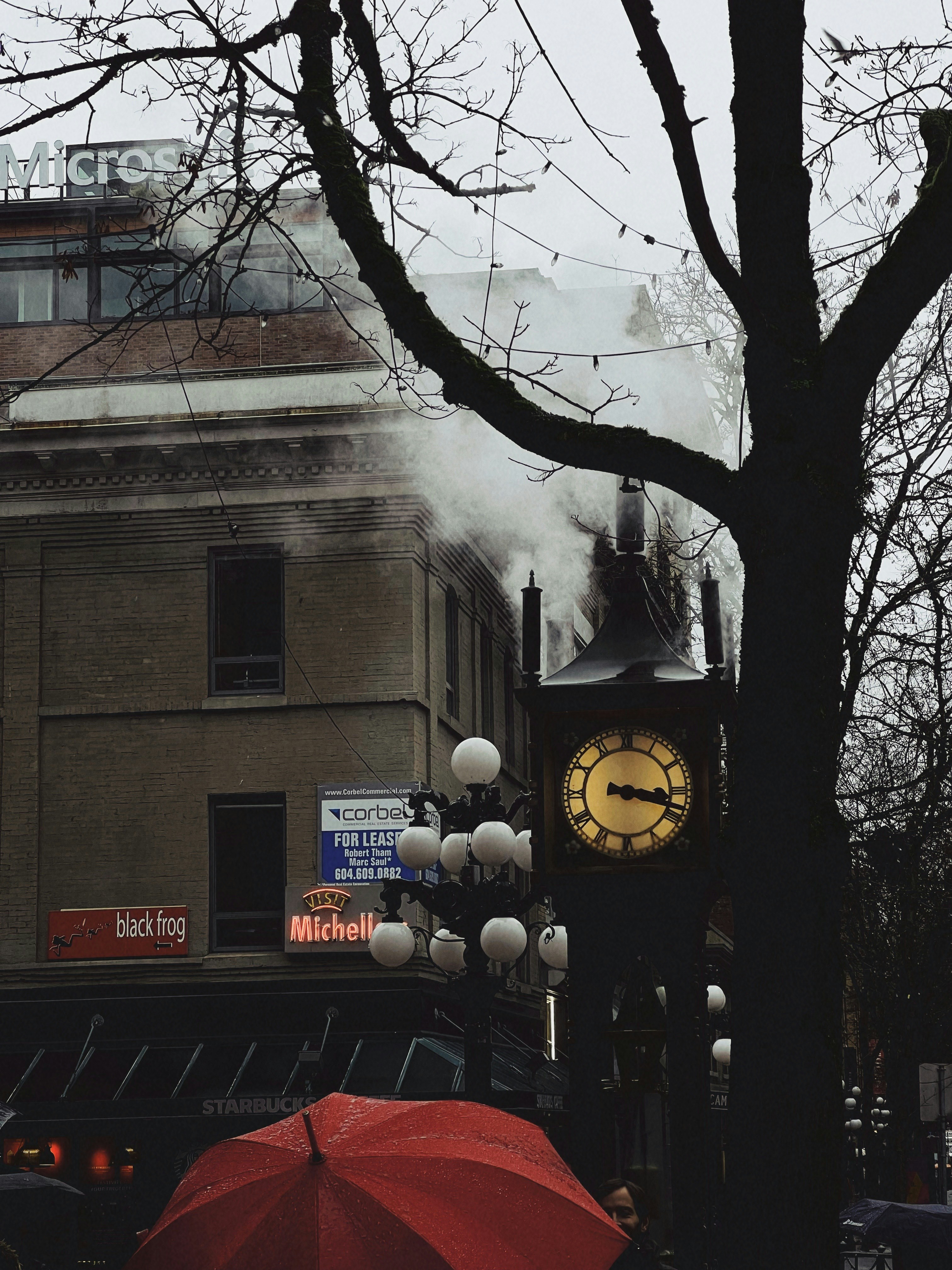 Steam-Lifted Clock: A Moody City Moment with a Red Umbrella