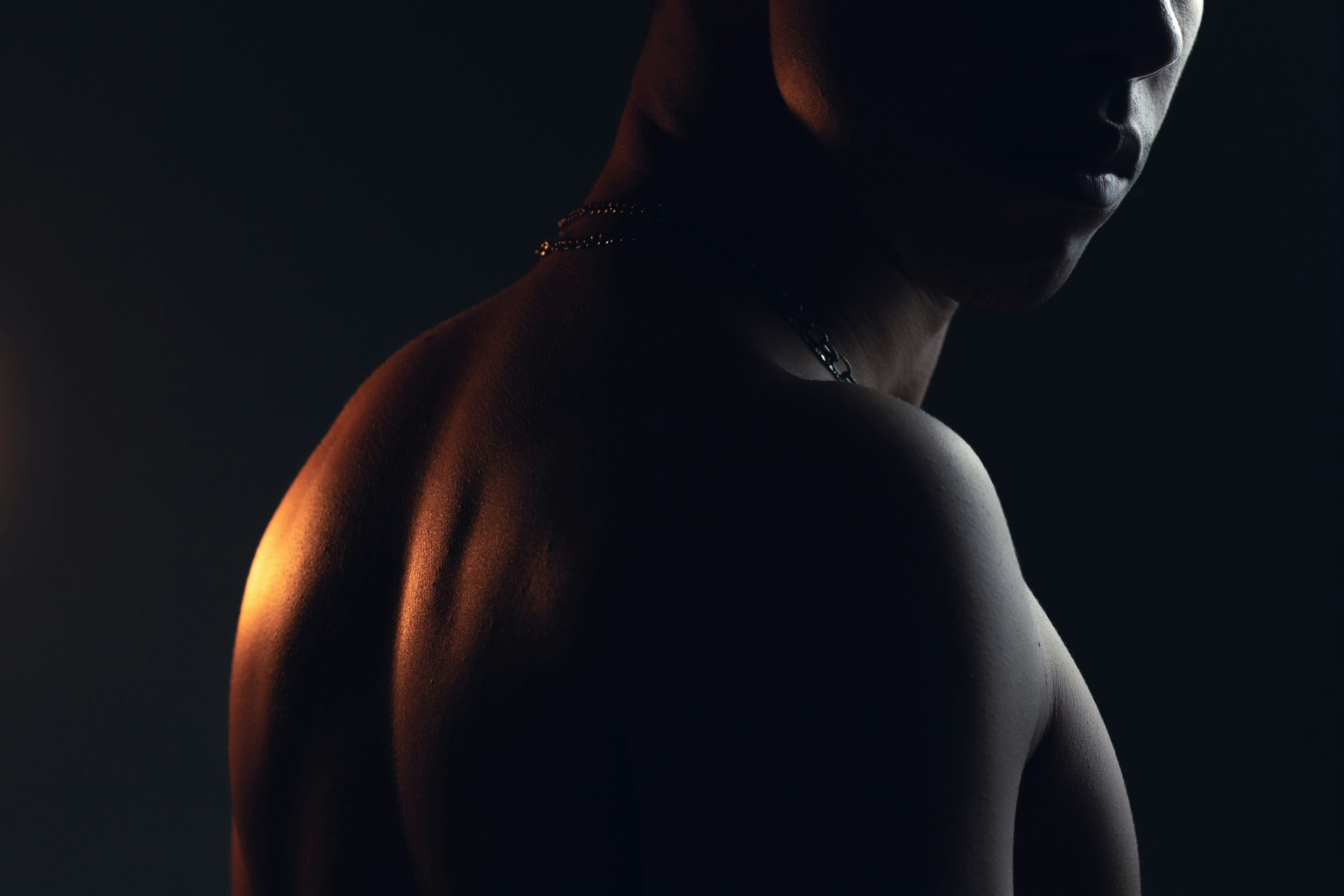 Profile of a muscular male figure illuminated by soft light, highlighting the contours of the shoulder and back in a dramatic contrast against a dark background.