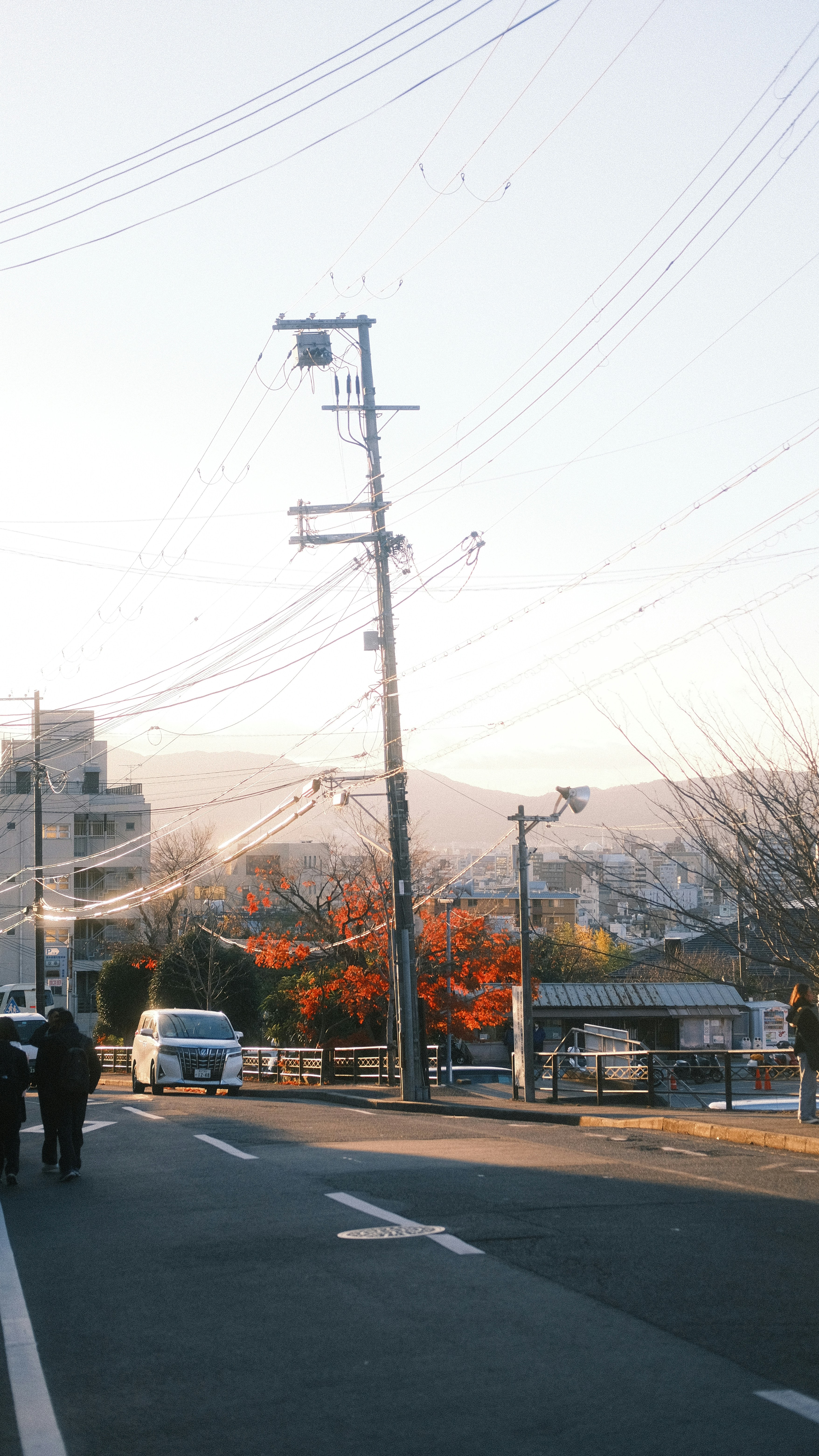 A quiet street scene features a power pole amidst colorful autumn foliage, with pedestrians strolling past in the soft evening light.