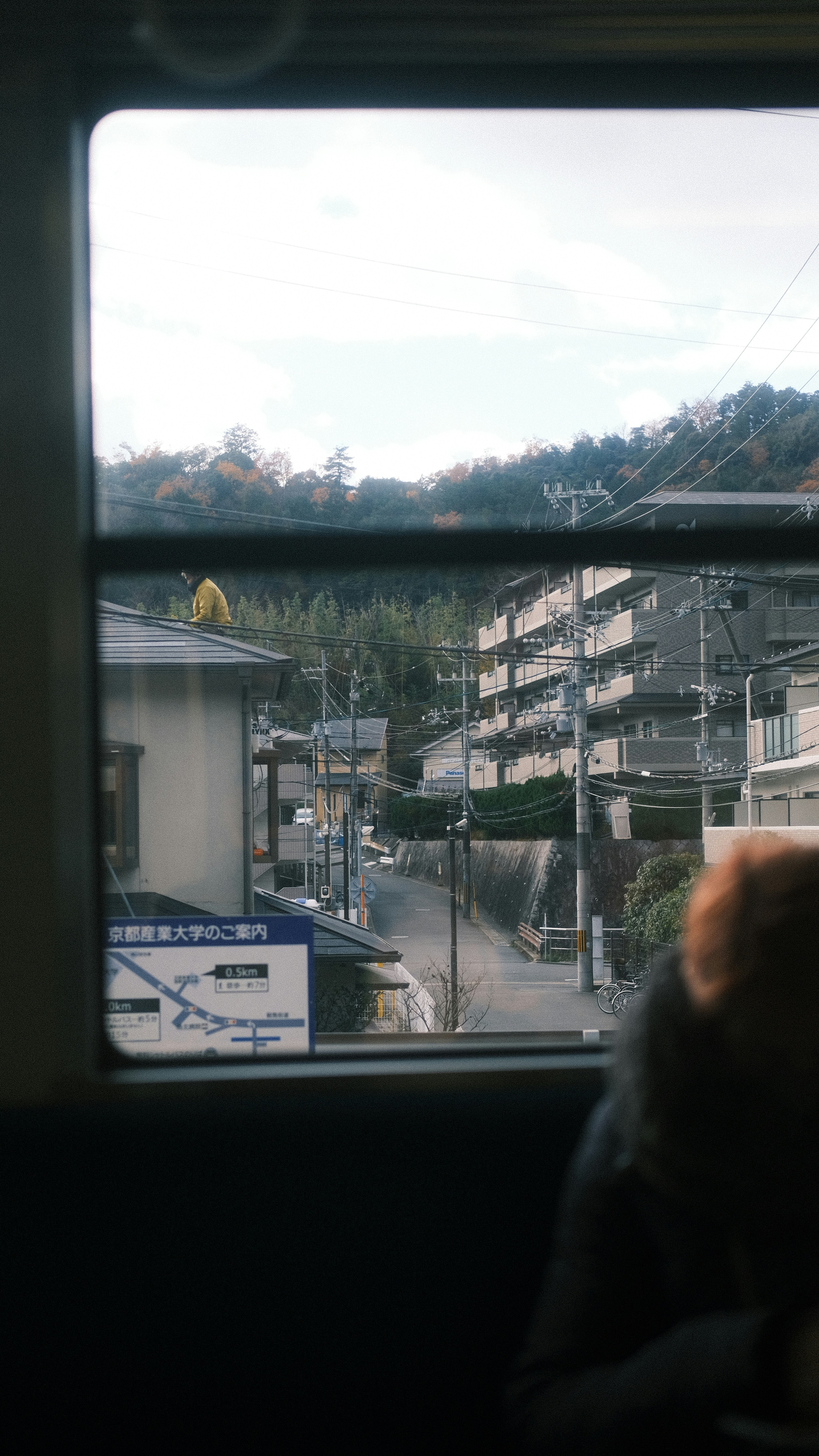 A serene view of a quiet street framed by a train window, showcasing a mix of residential buildings and nature. A person is seated in the foreground, absorbed in their own world.
