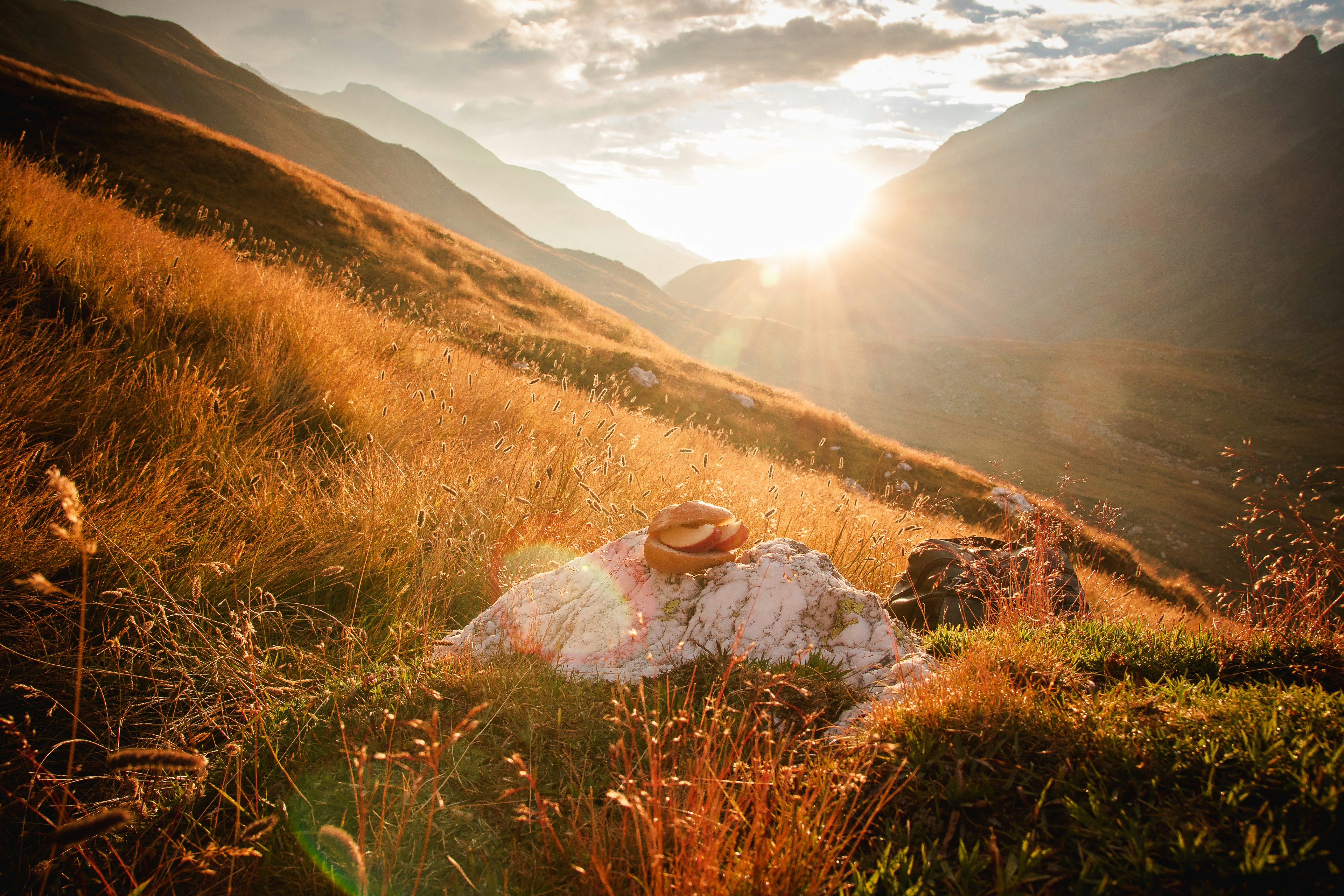 Straw Hat on a Sunlit Alpine Rock Amid Golden Wildgrass