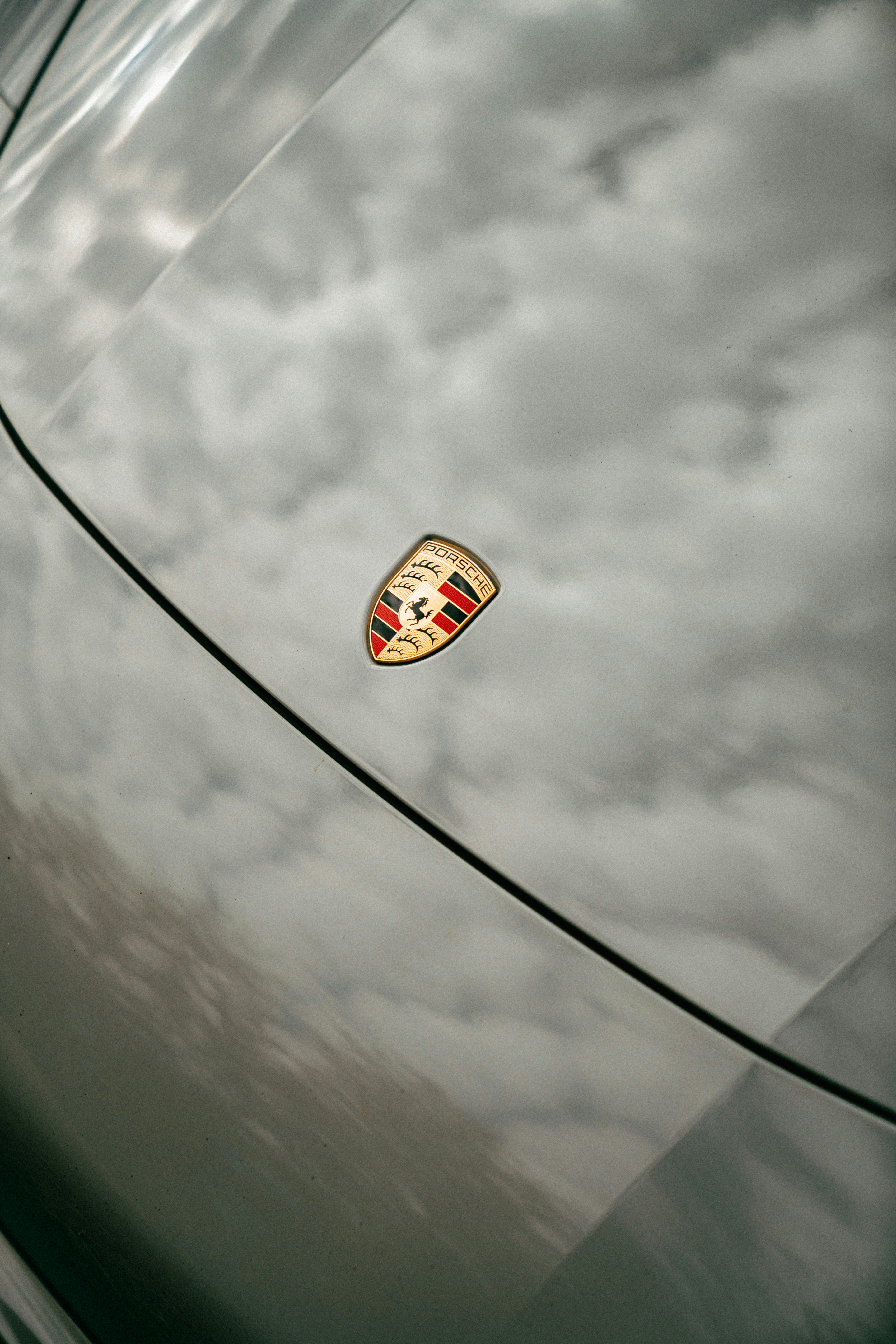 Porsche Crest Adrift on a Curved Silver Surface