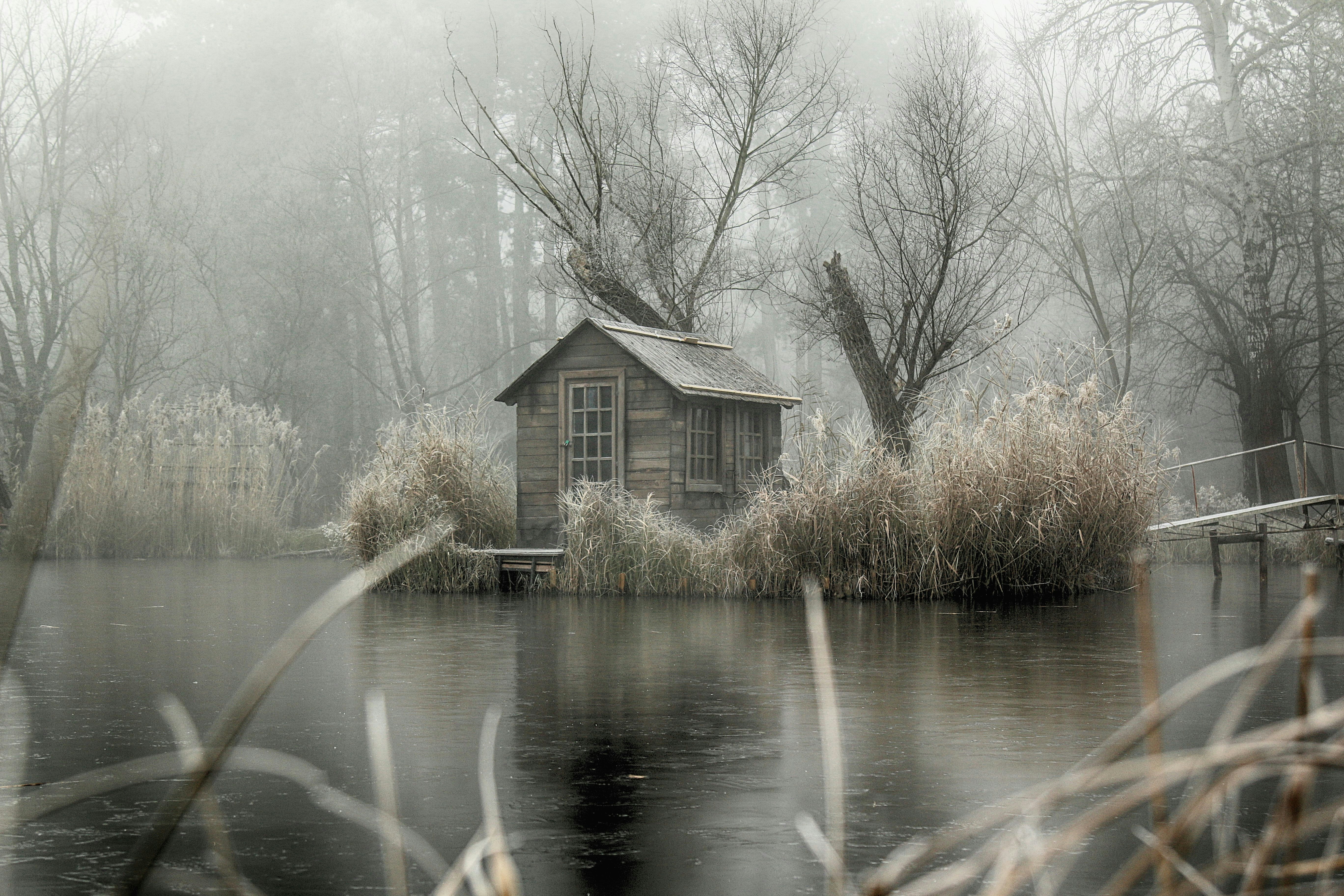 Mist-Drifted Hut on a Still Lake Island