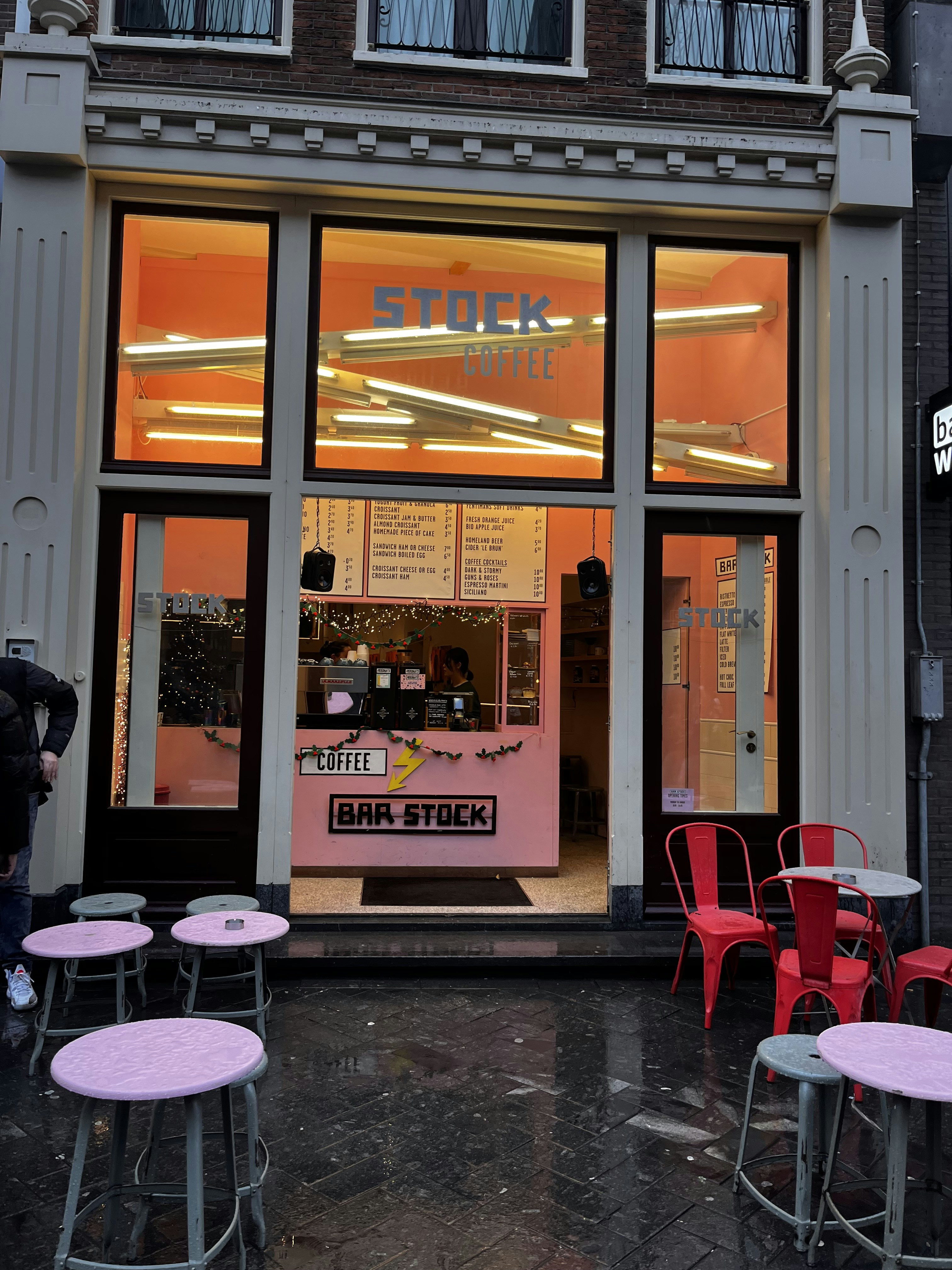 Neon Pink Café Front: Stock Coffee in a Cozy City Corner