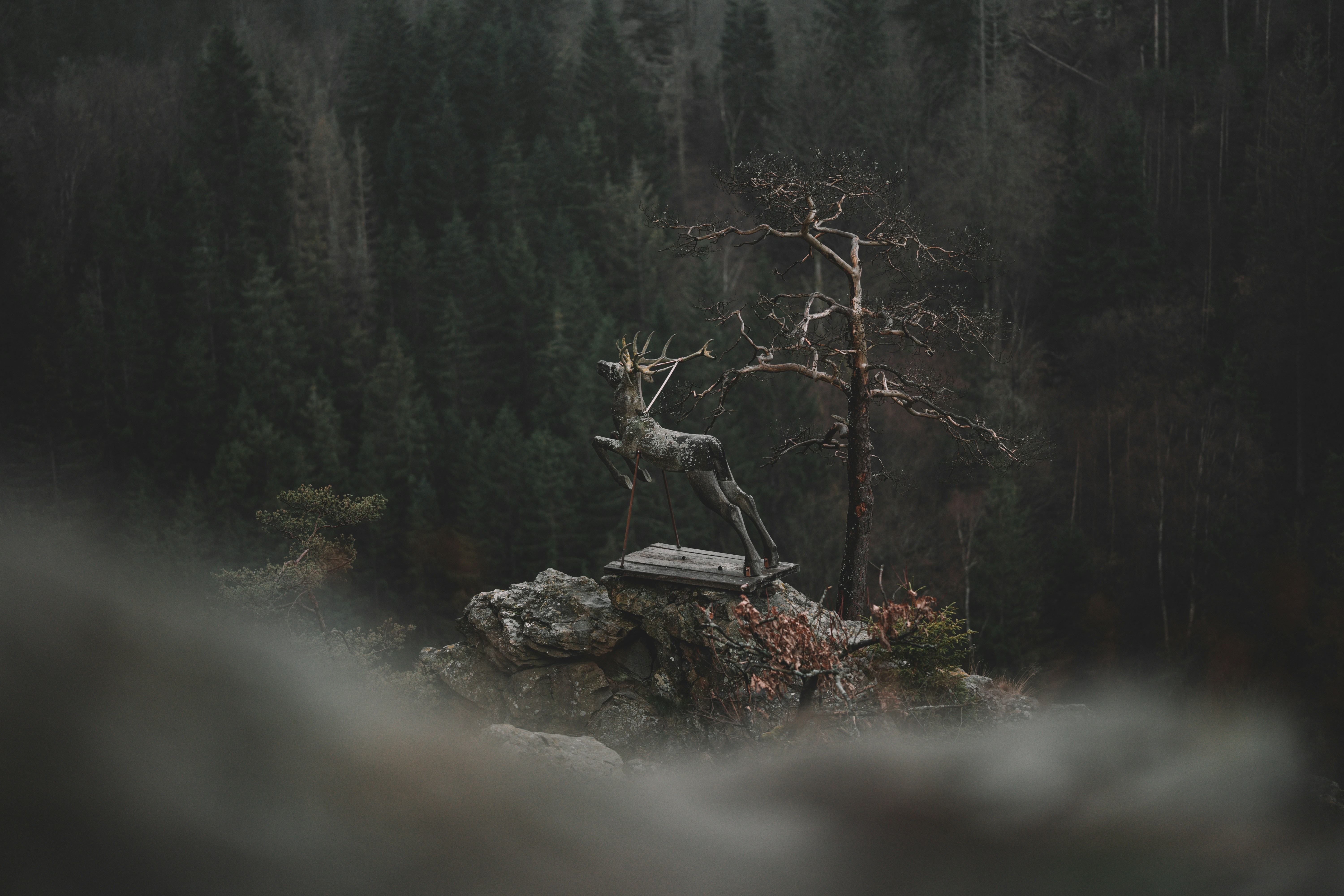 Sculpture of a stag standing on a rocky outcrop surrounded by a dense forest.