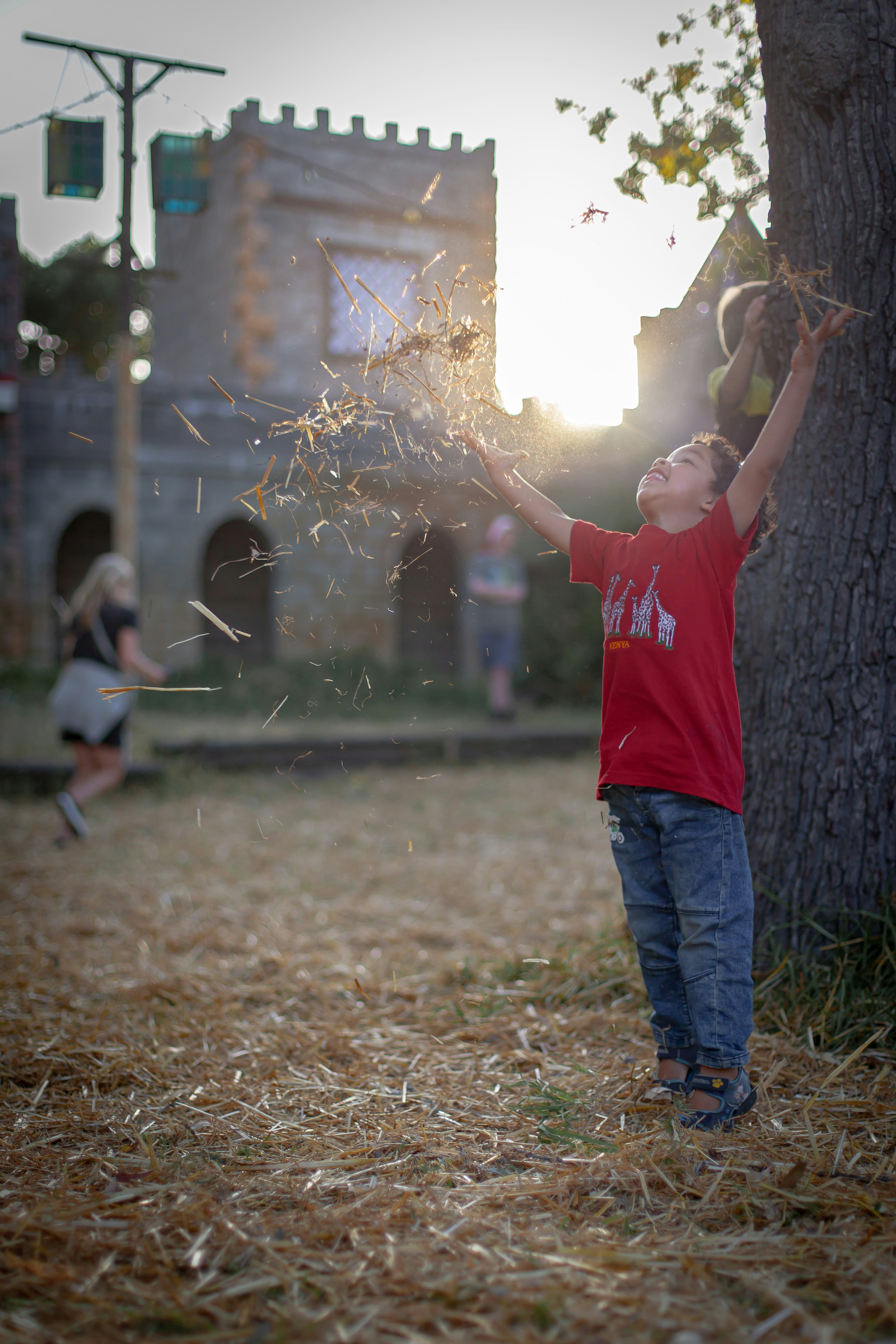 Sparks at Sunset: A Red-Shirted Boy Reaches for the Sky