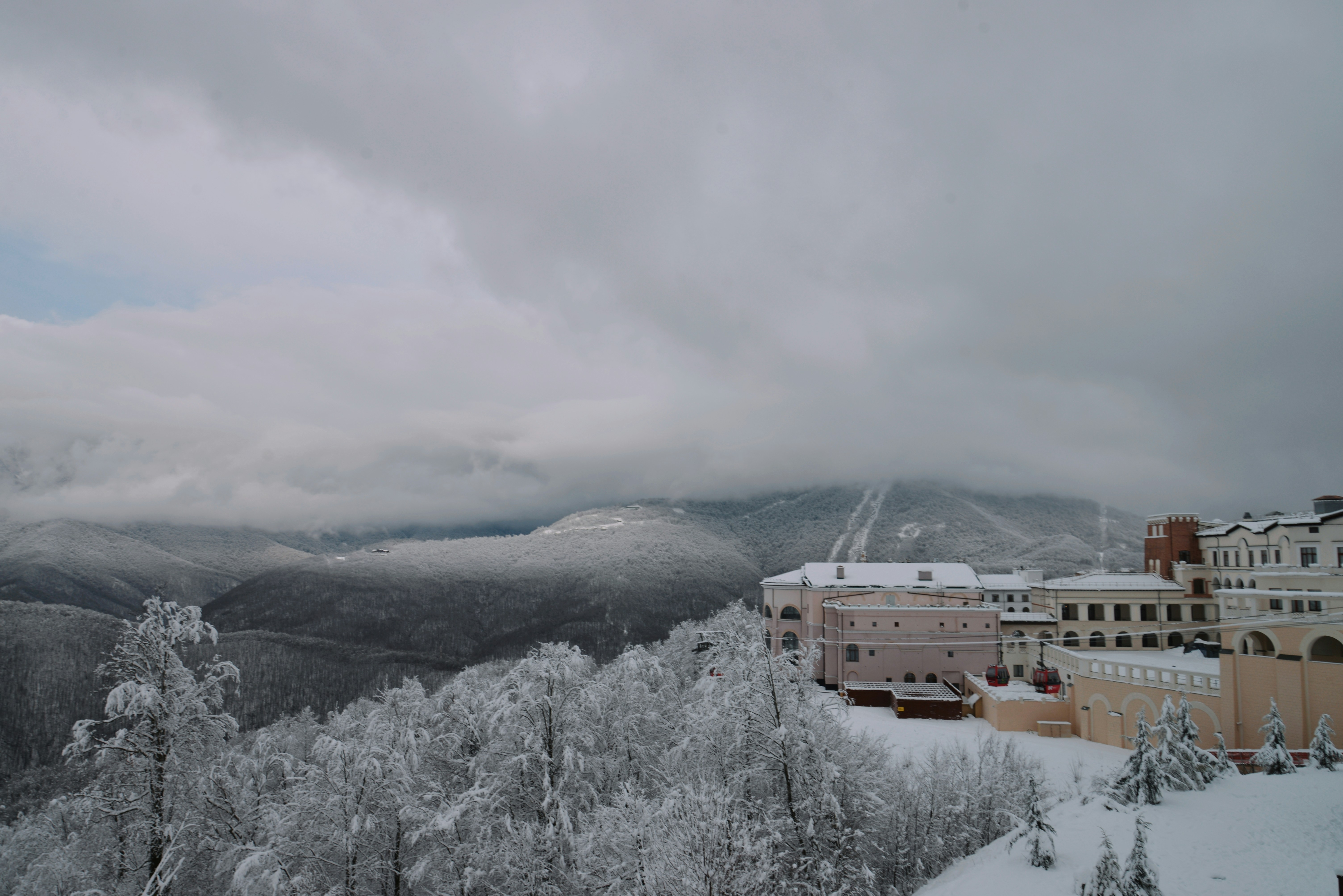 Frosted Pines Overlook: Snowbound Village Beneath a Clouded Horizon