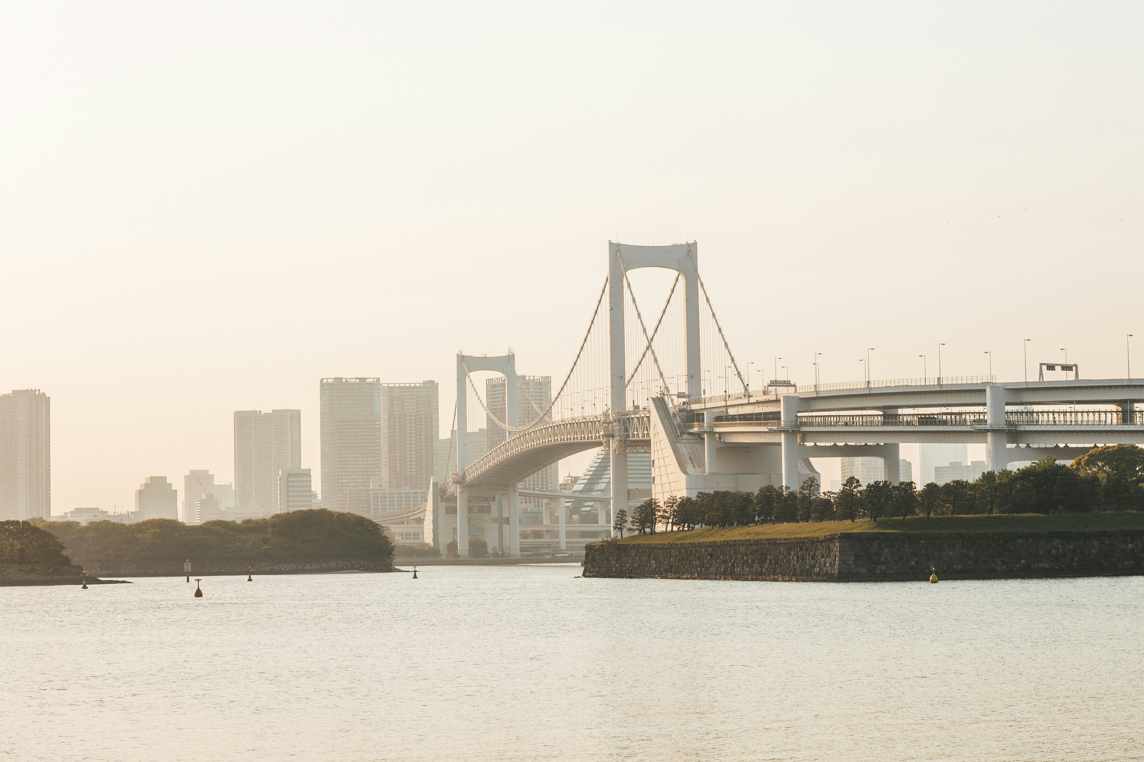 a bridge over a body of water with a city in the background