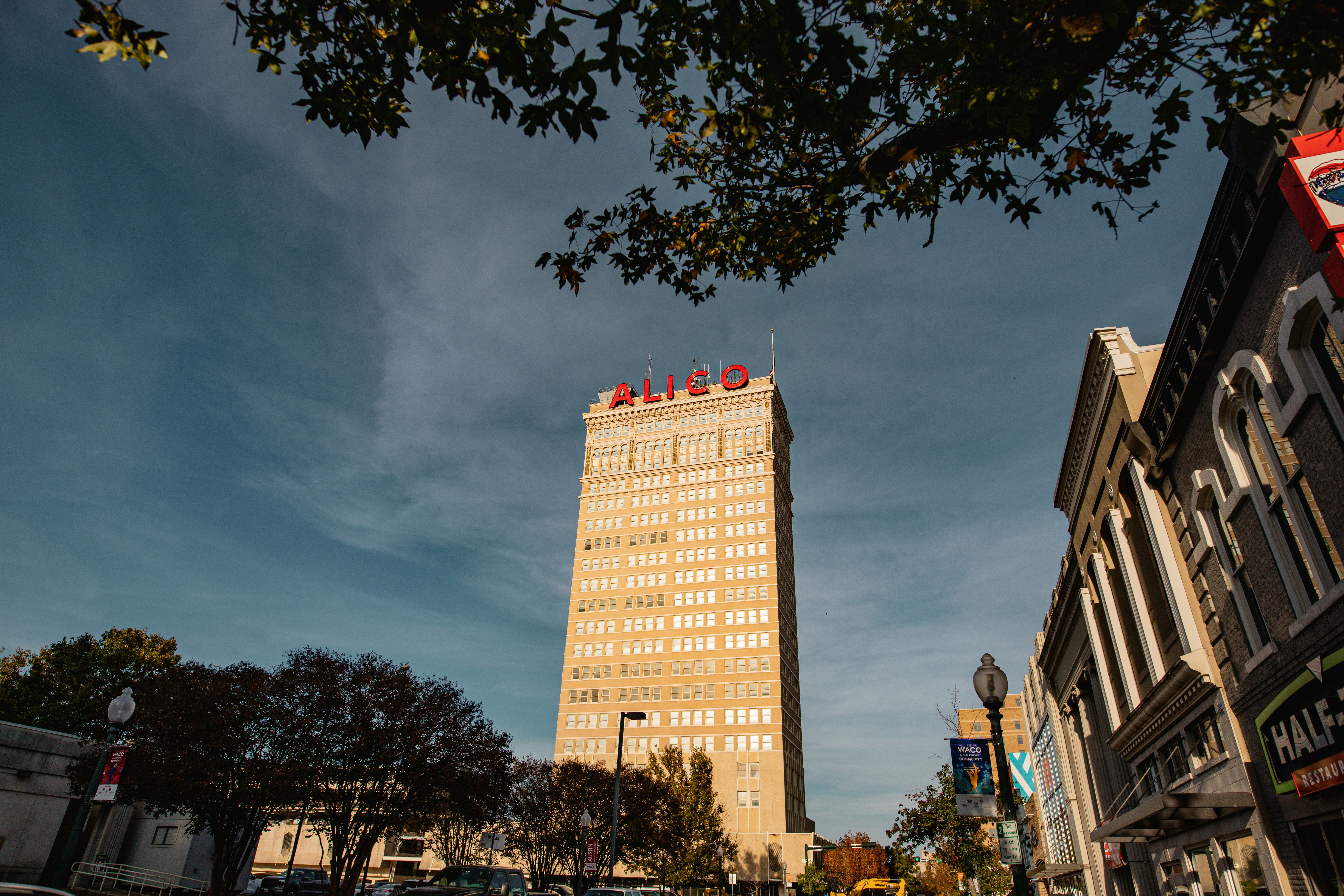 Tall building under a clear blue sky, framed by trees and city architecture.