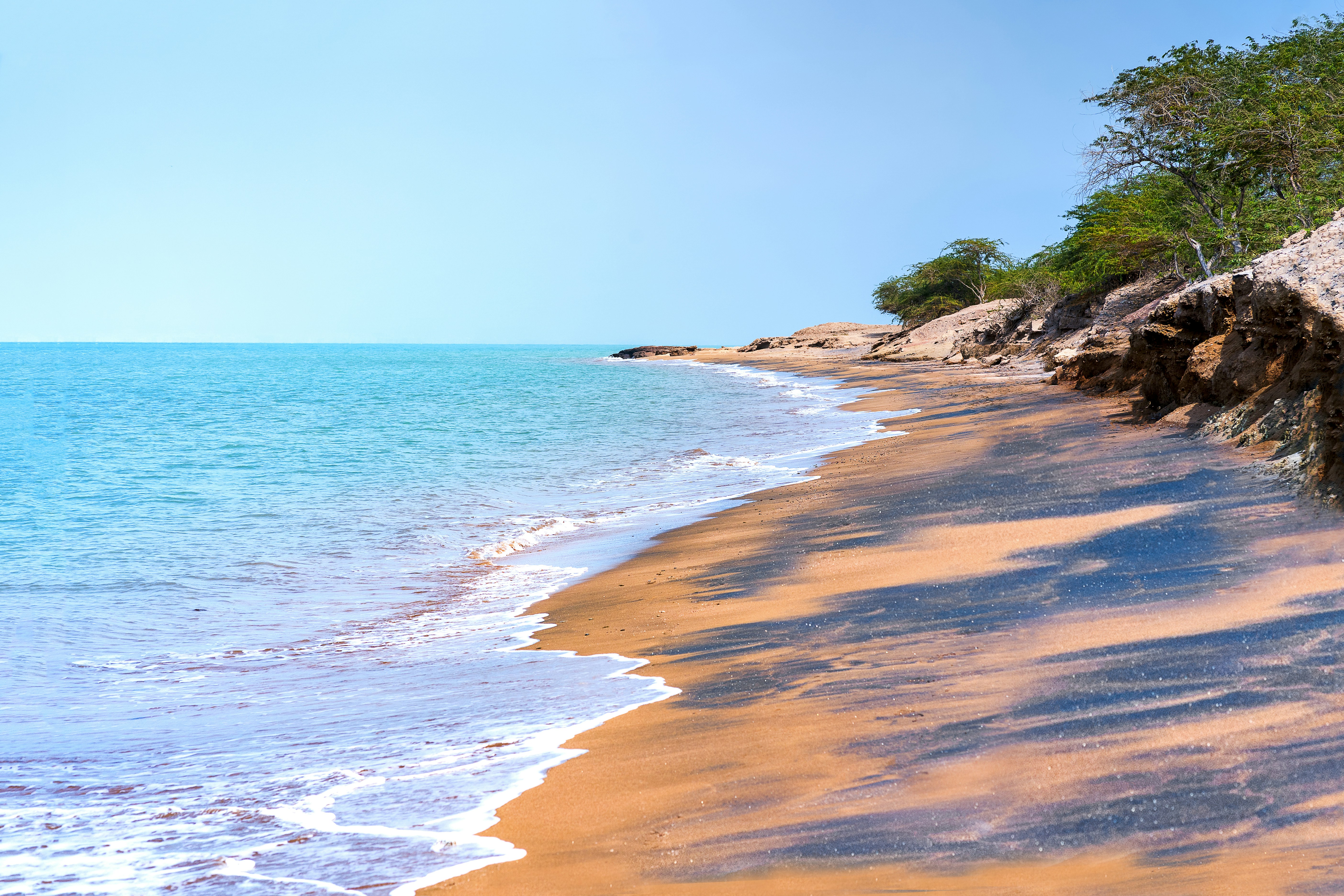 Amber Shoreline: Turquoise Waves Brushing a Rocky, Tree-Topped Headland