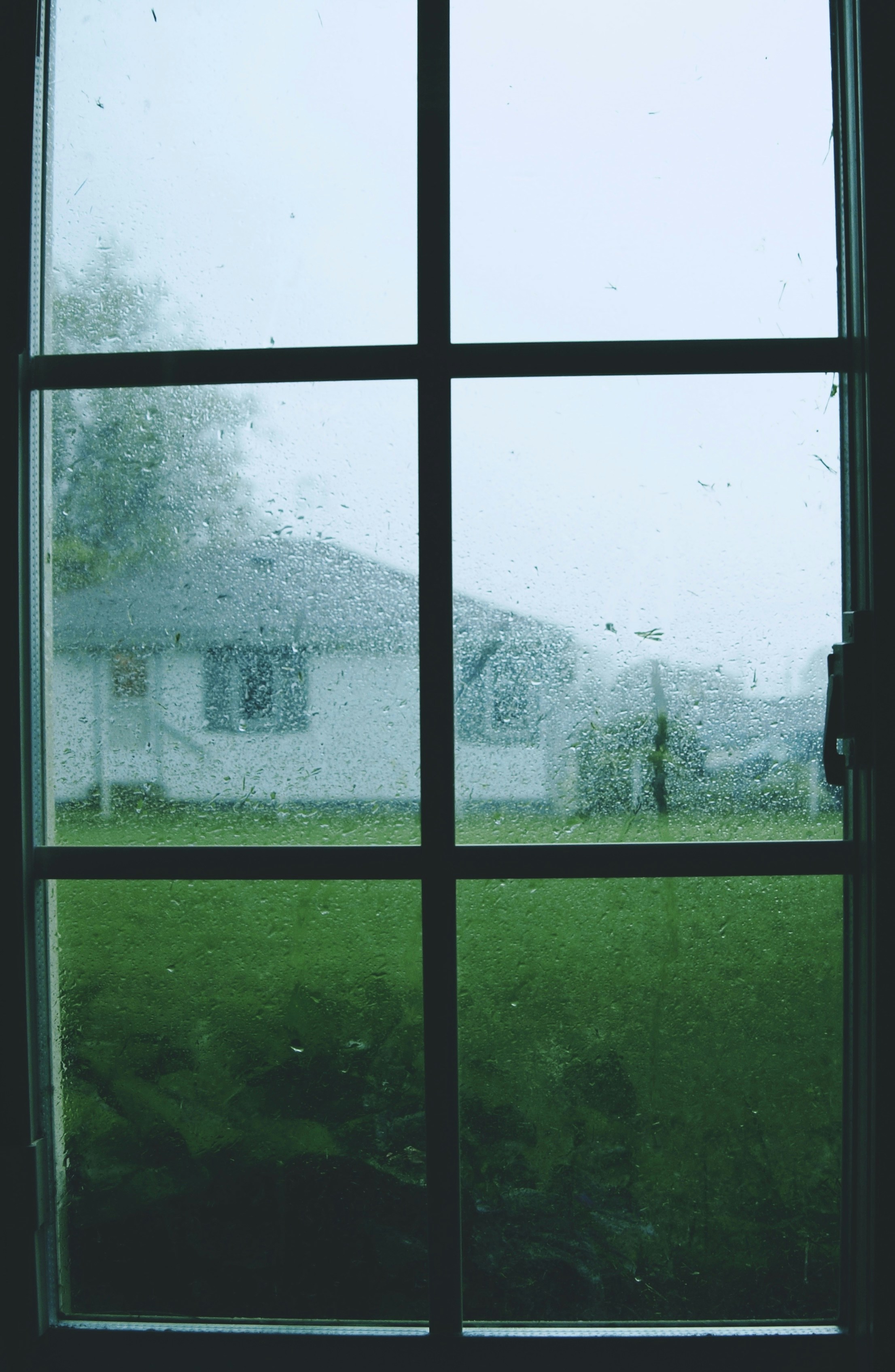 Raindrops cling to a window, blurring the view of a tranquil house and lush green lawn outside. The scene evokes a sense of calm and introspection.