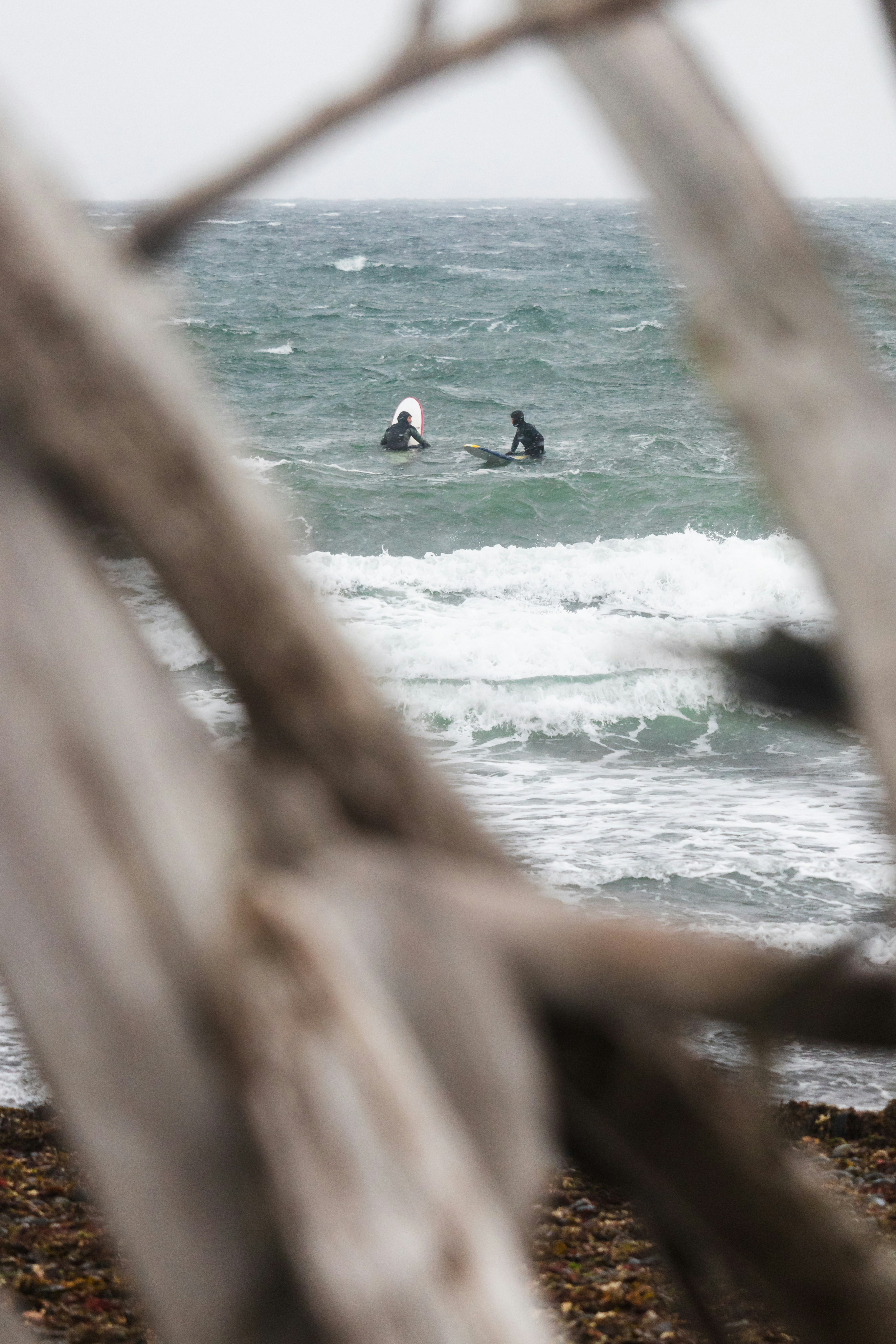 Driftwood Frame, Two Surfers Riding a Coastal Break