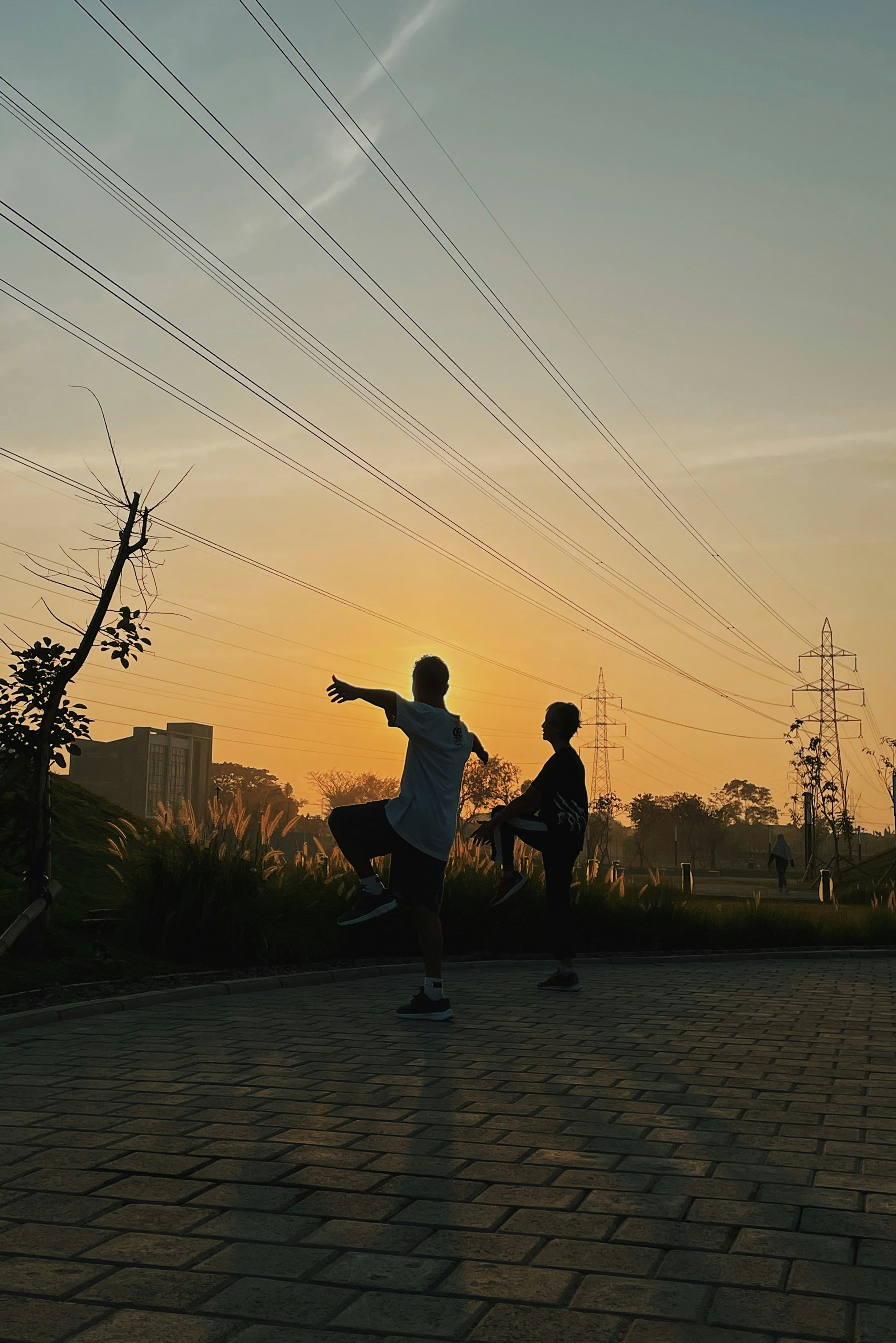 Sunset Leap: Silhouettes in a Park Under Crisscrossed Power Lines