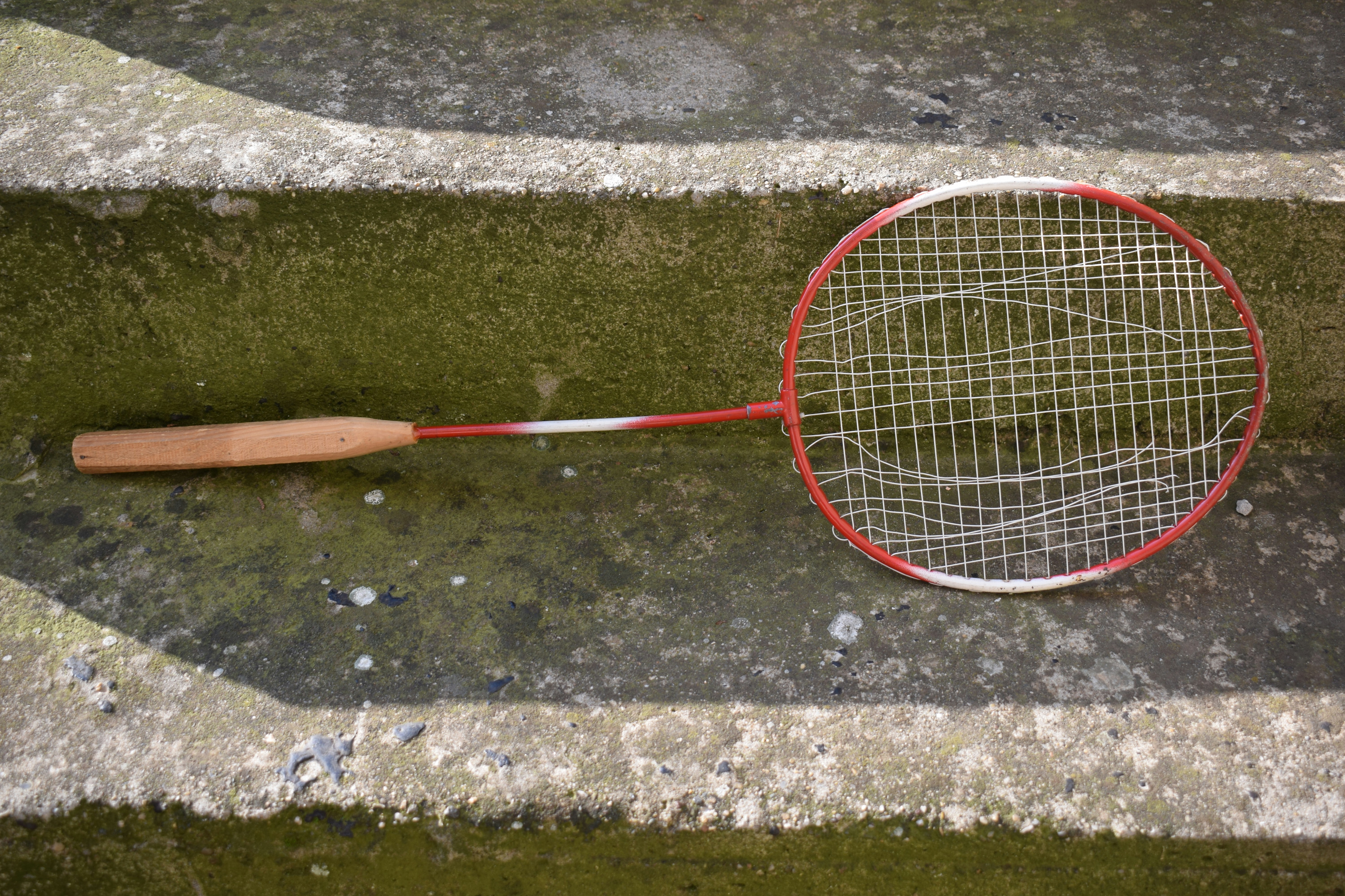 Red Shuttle Shape: A Weathered Racket Resting on Mossy Steps