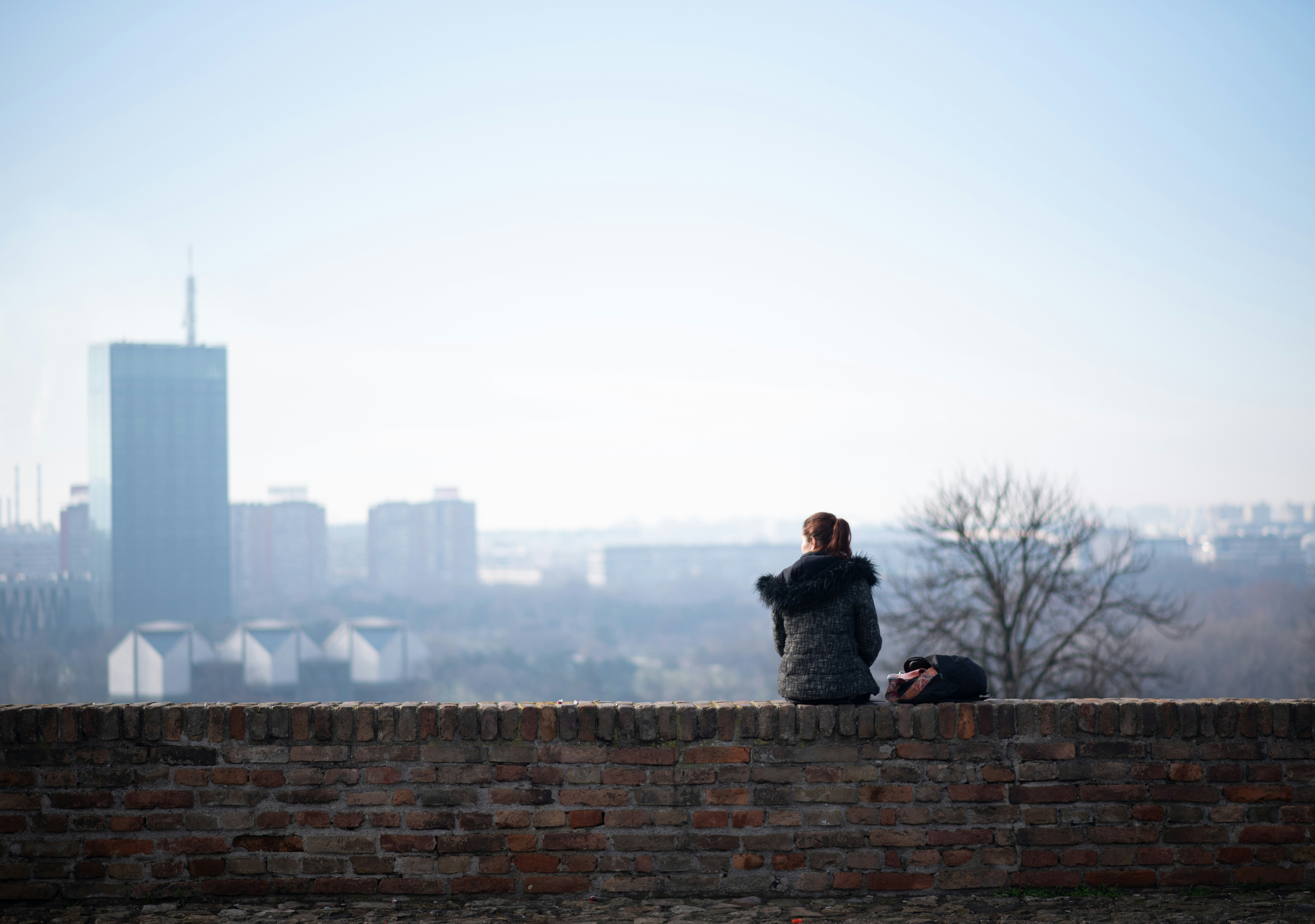 Edge of Quiet Light: A Figure on a Brick Wall Overlooking a Misty City