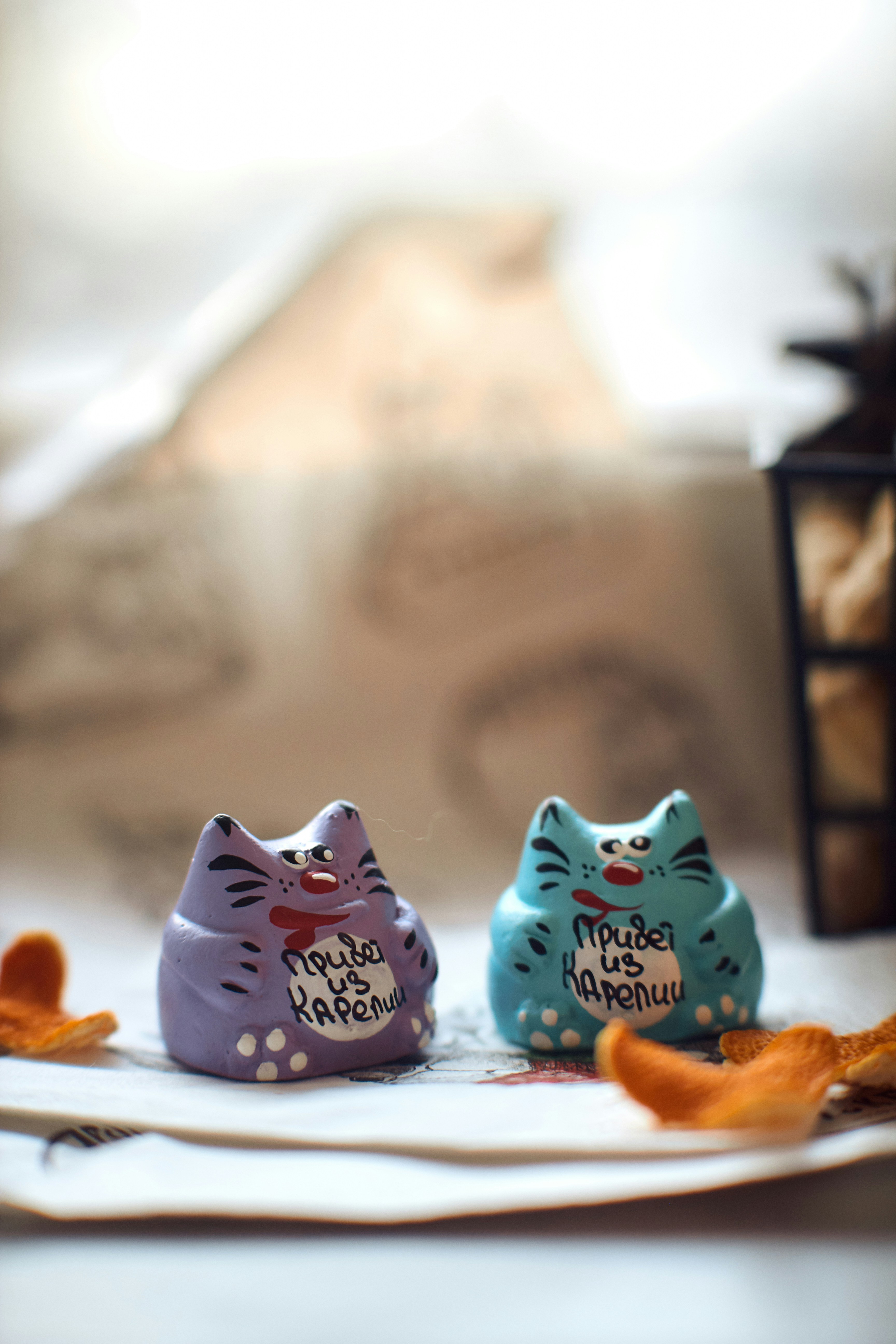 Pastel Cat Duo on a Sunlit Table: A Soft-Focus Still Life