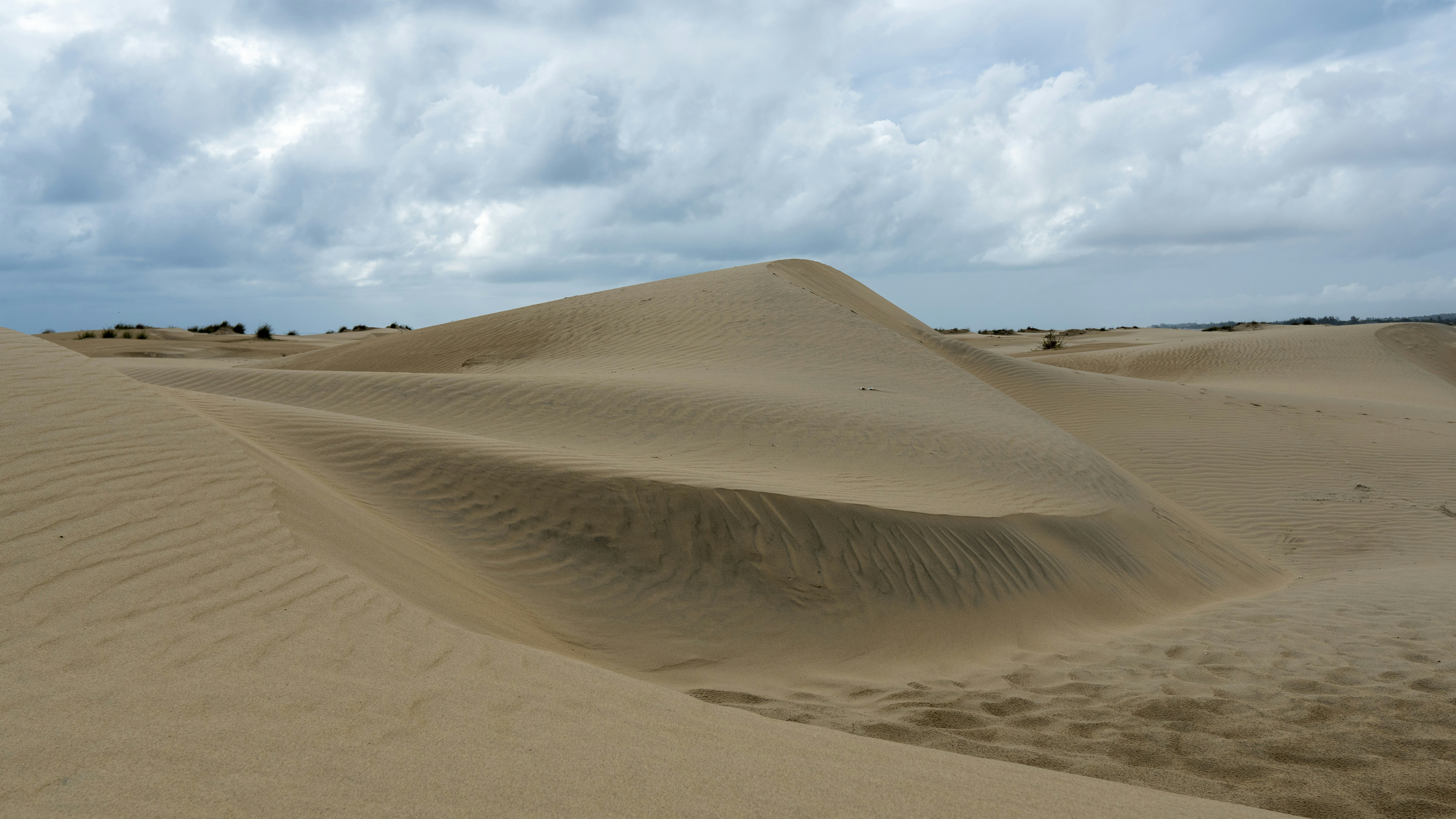 Sweeping sand dunes under a moody, cloud-filled sky.