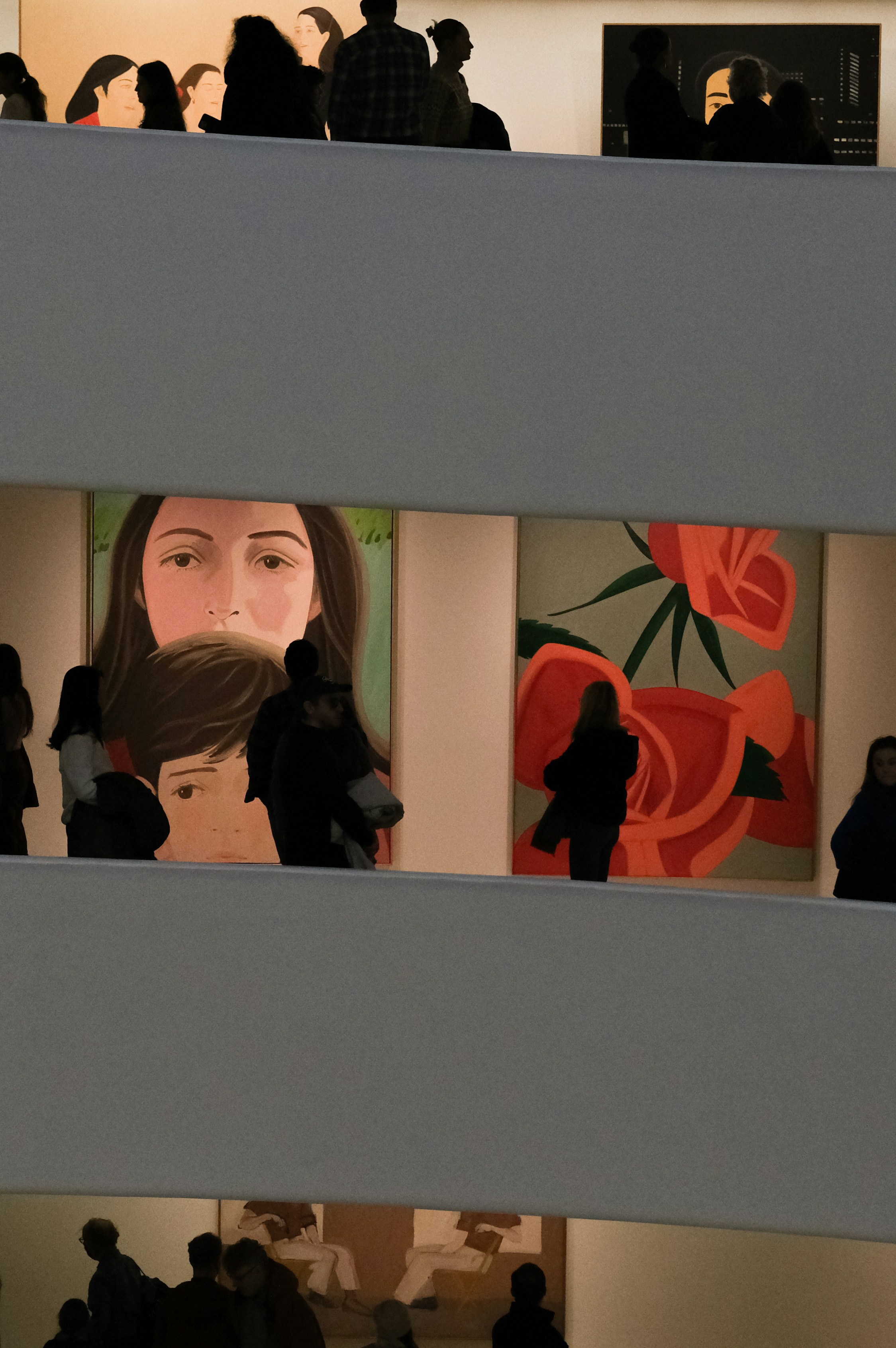 Art gallery visitors silhouetted against large paintings with floral and portrait themes.