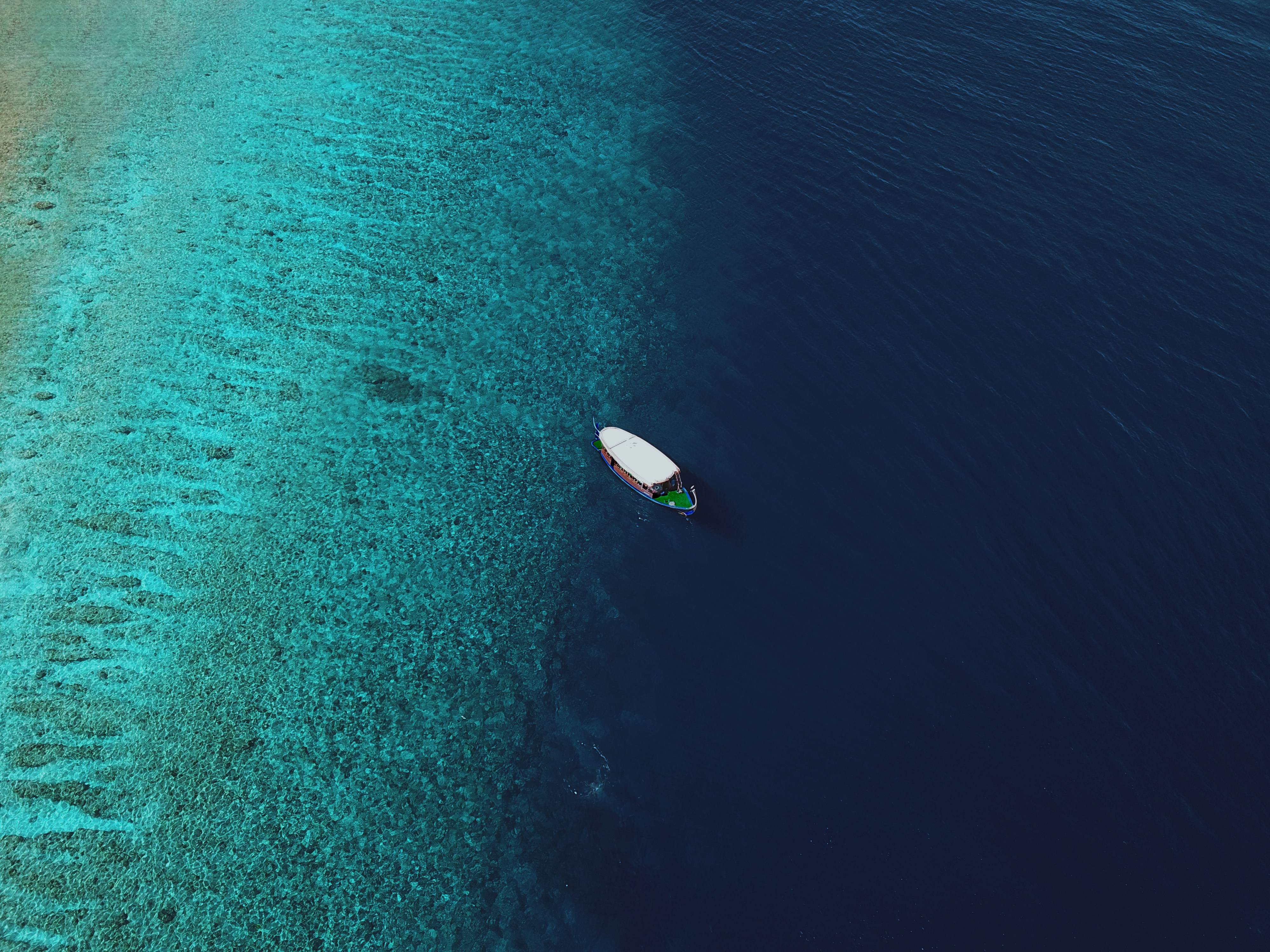 A diving boat docked near the reef coast, close to the iconic Fuvahmulah beach.