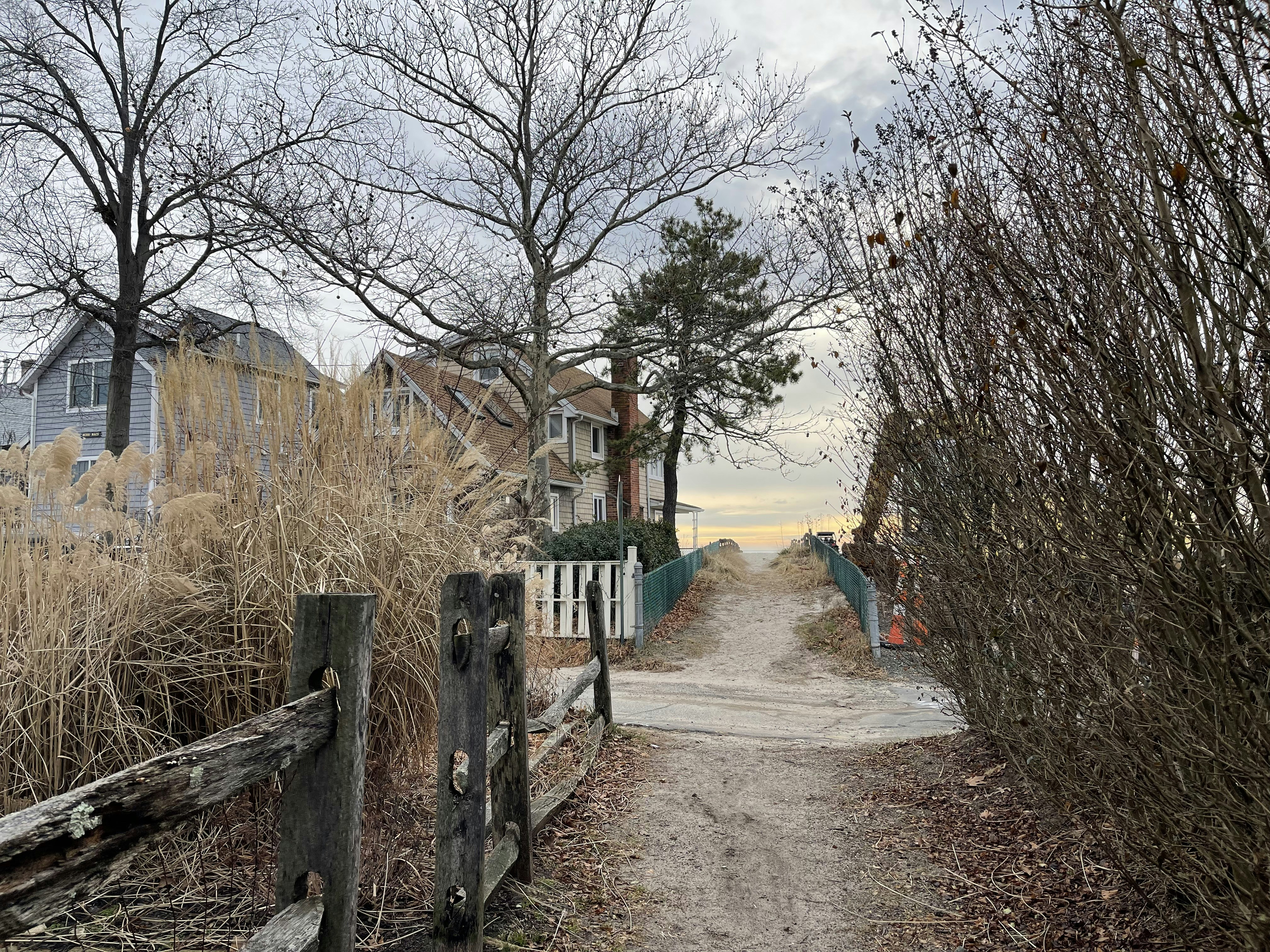 a dirt path leading to a row of houses