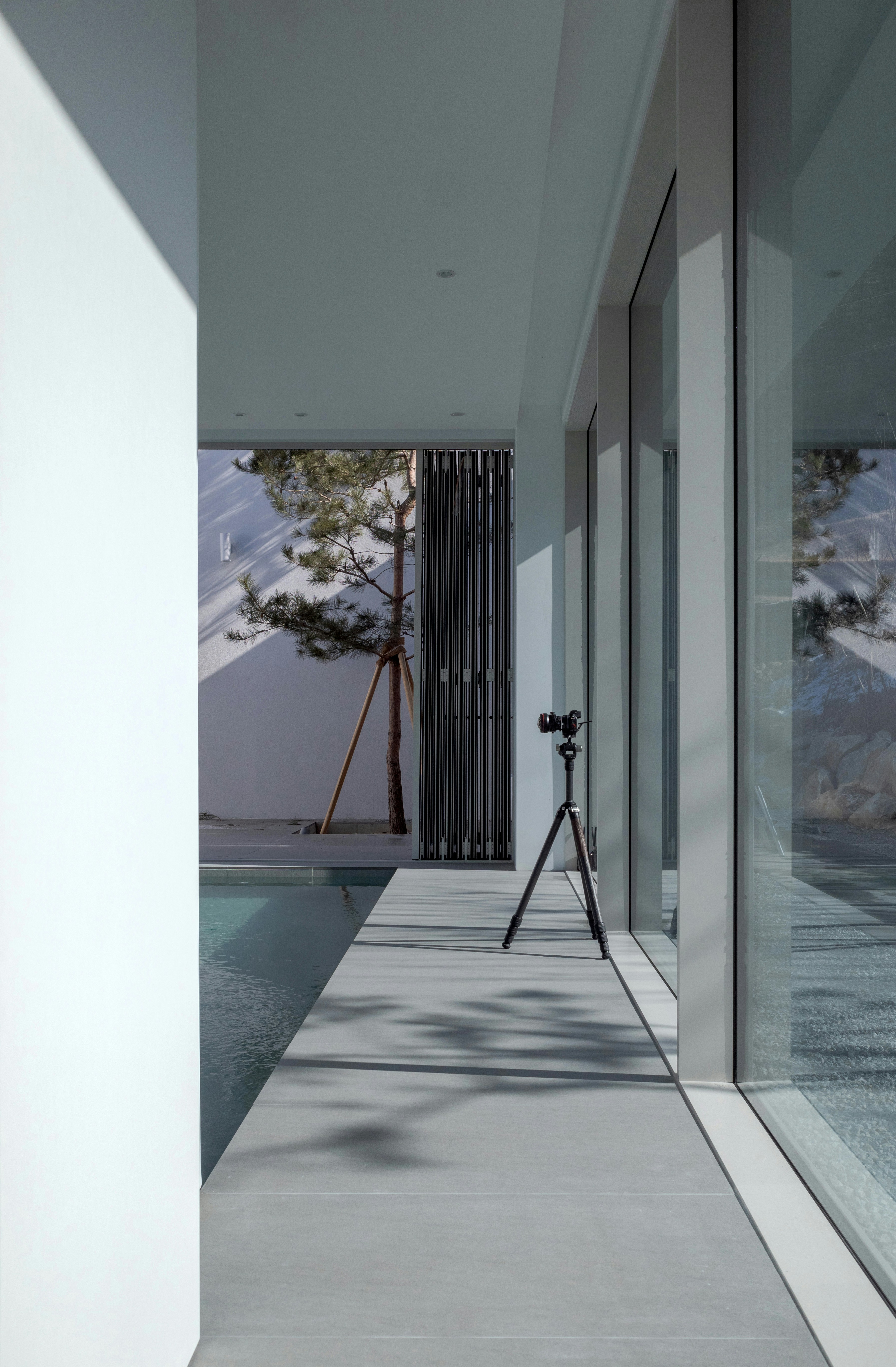 A camera is sitting on a tripod in front of a building photo – Free ...