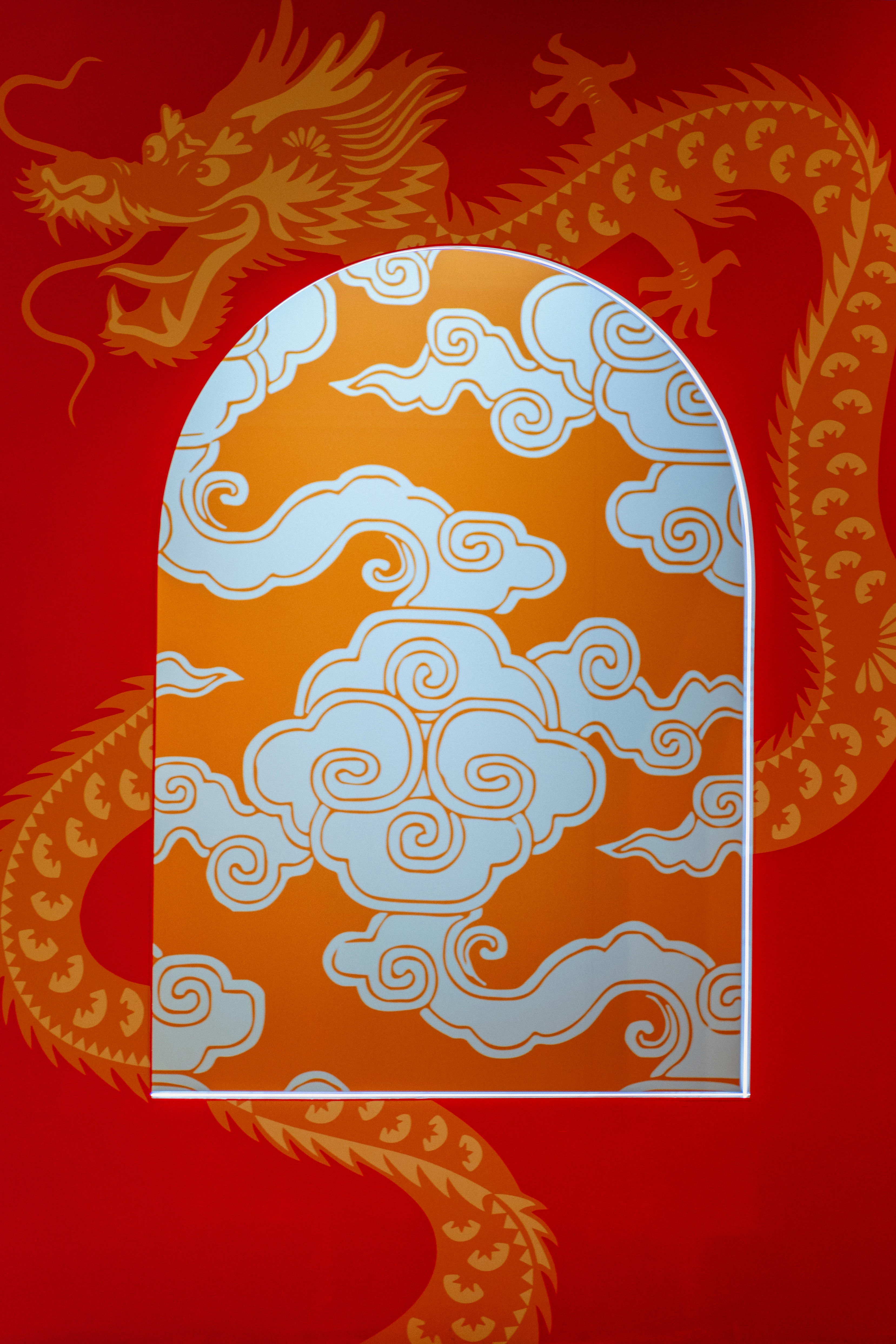 Crimson Arch: Cloud-Woven Window Framed by a Golden Dragon