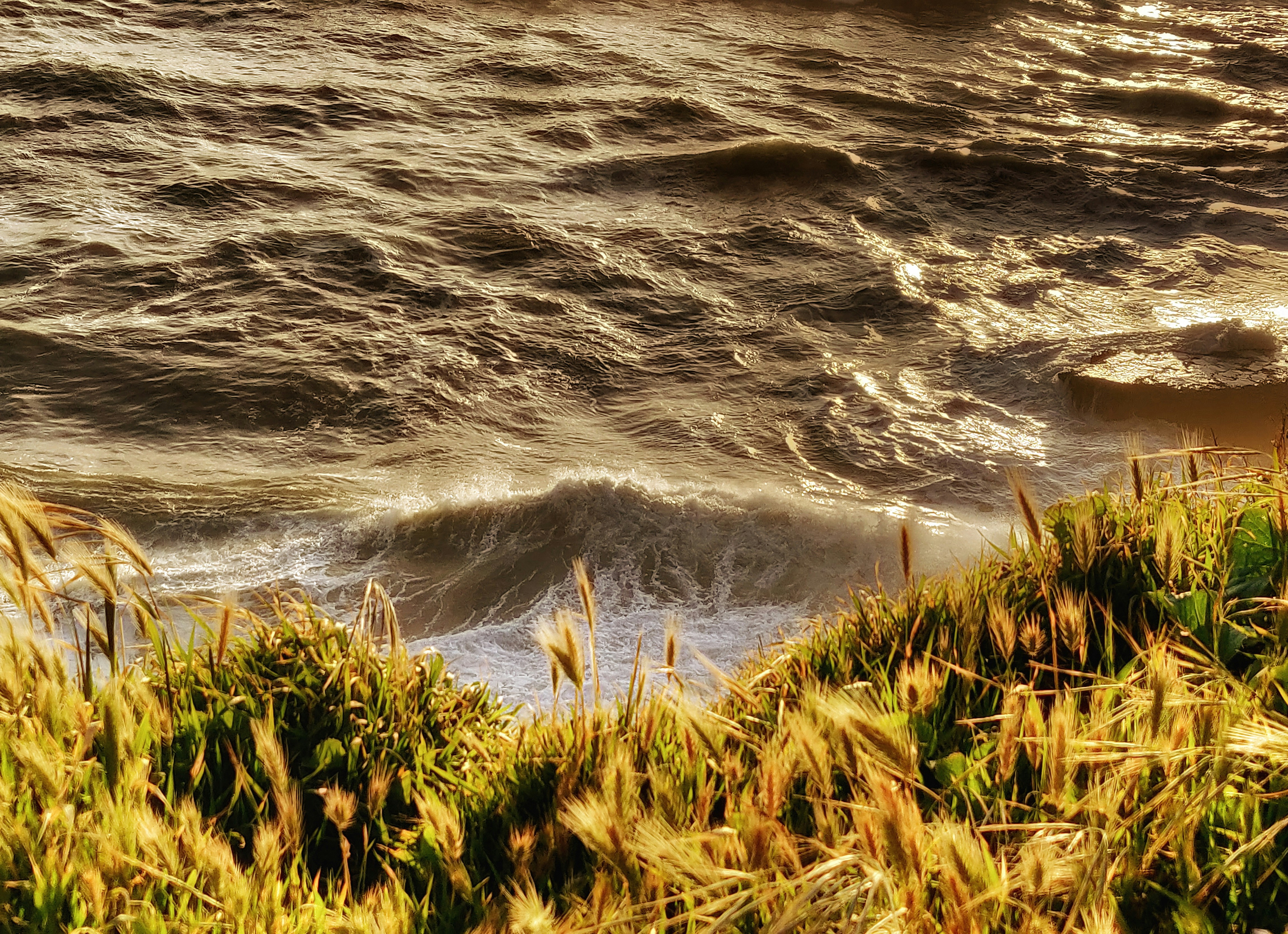 a view of a body of water with waves coming in